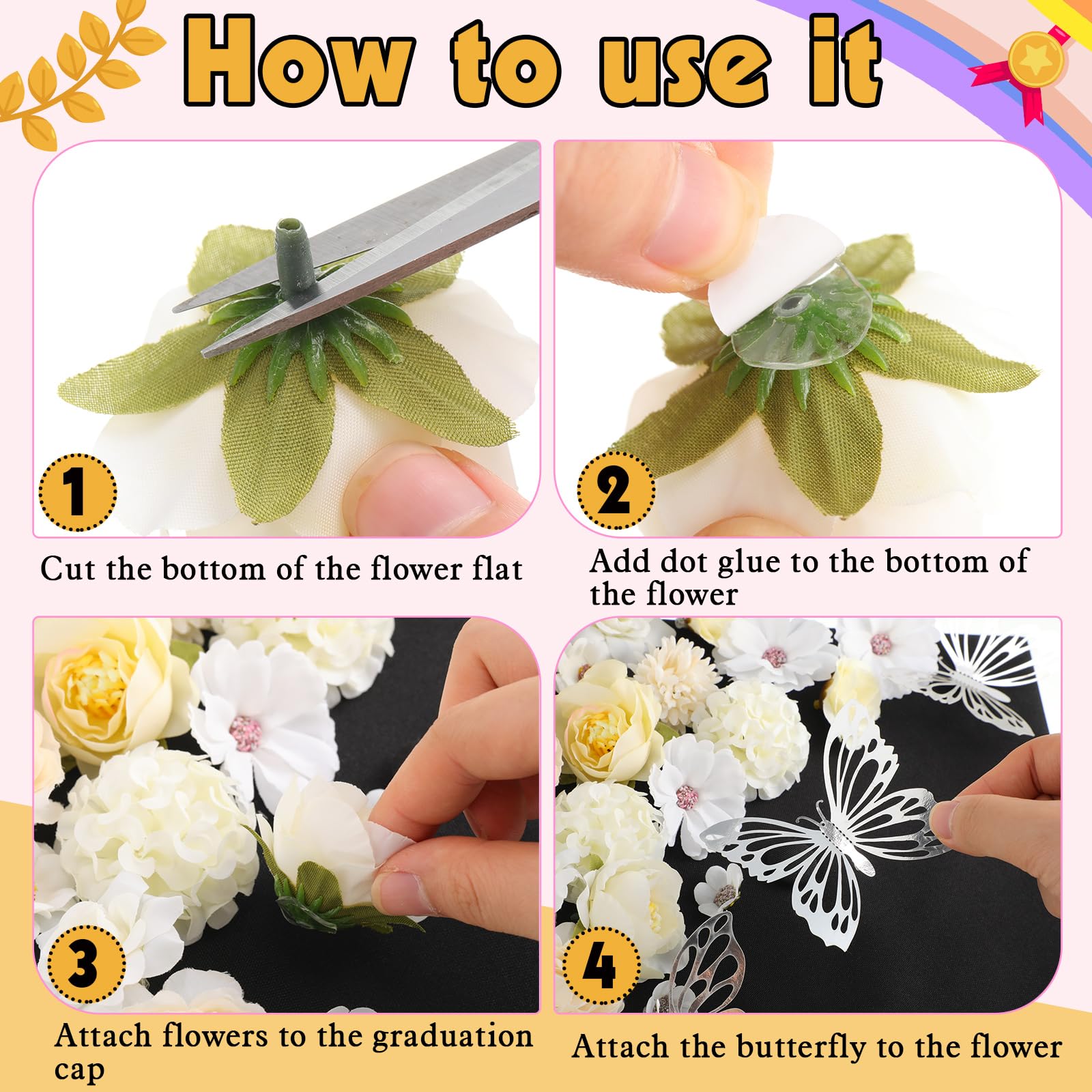 Canlierr 32 Pcs DIY Graduation Cap Decorations Accessory Kit Include Faux Flower Heads 3D Butterfly Grad Cap Decorations (White Tone)