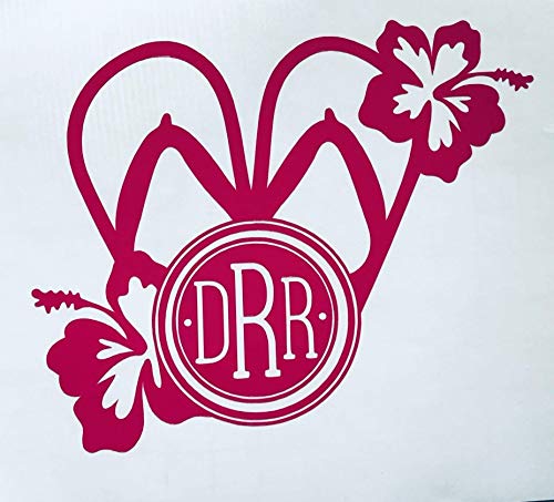 Custom Initial Monogram Decal Bumper Sticker, for Tumblers, Laptops, Car Windows - Sandal Flip Flop & Hibiscus Tropical Flower Design