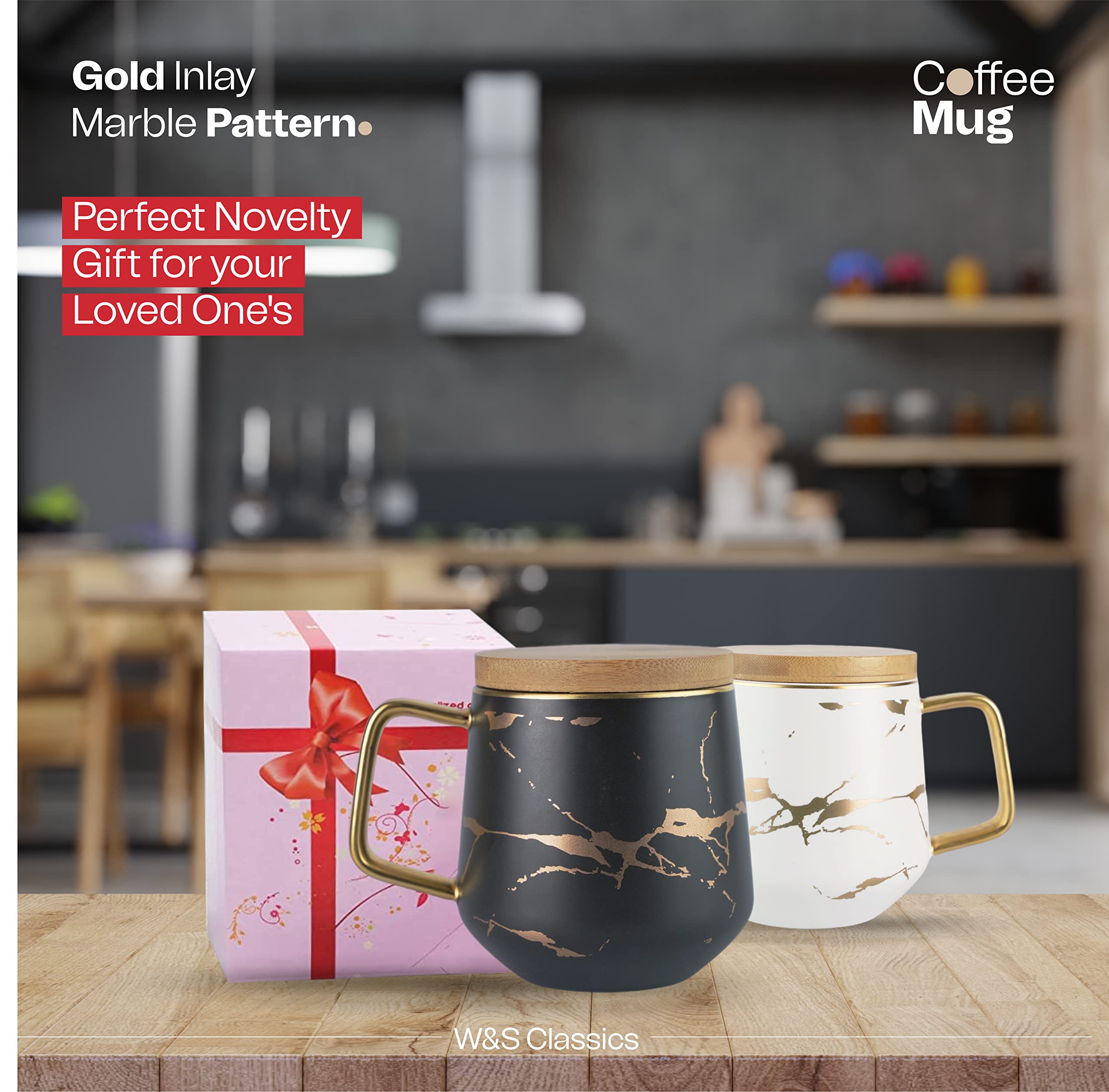 Classic Ceramic Kintsugi Style Black Coffee Tea Mug with Gold Inlay, Spoon and Bamboo Lid- 12 OZ, Large Mugs for Men and Women, Unique Design, Perfect Novelty Gift- Dishwasher Safe