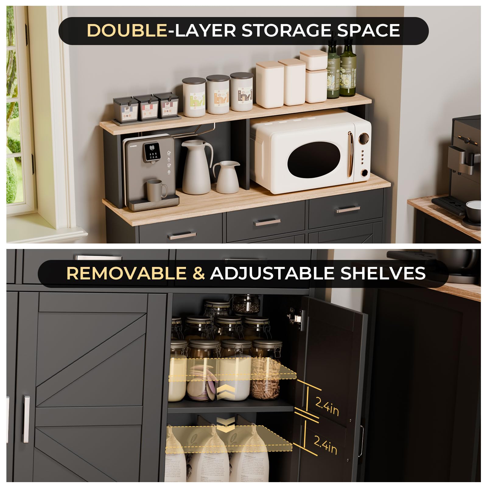 Black Buffet Sideboard Storage Cabinet - 47" Large Double-Layer Kitchen Pantry Cabinet with 3 Drawers & 3 Doors, Modern Liquor Coffee Bar Cabinet Buffet Table with Hutch for Dining Living Room