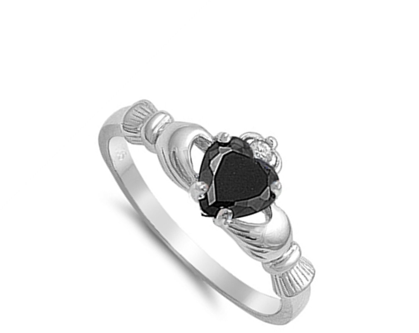 Black Simulated CZ Unique Elegant Claddagh Ring New .925 Sterling Silver Band Size 10