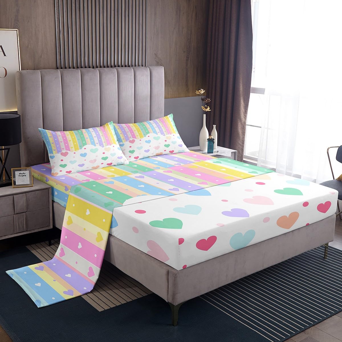 Feelyou Pretty Rainbow Sheet Set for Boys Girls Colorful Love Heart Bed Set Full Size Dot Bed Sheets Bedroom Decor Kawaii Sheets Bedding Collection 4Pcs,1 Fitted Sheet+2 Pillow Sham+1 Flat Sheet