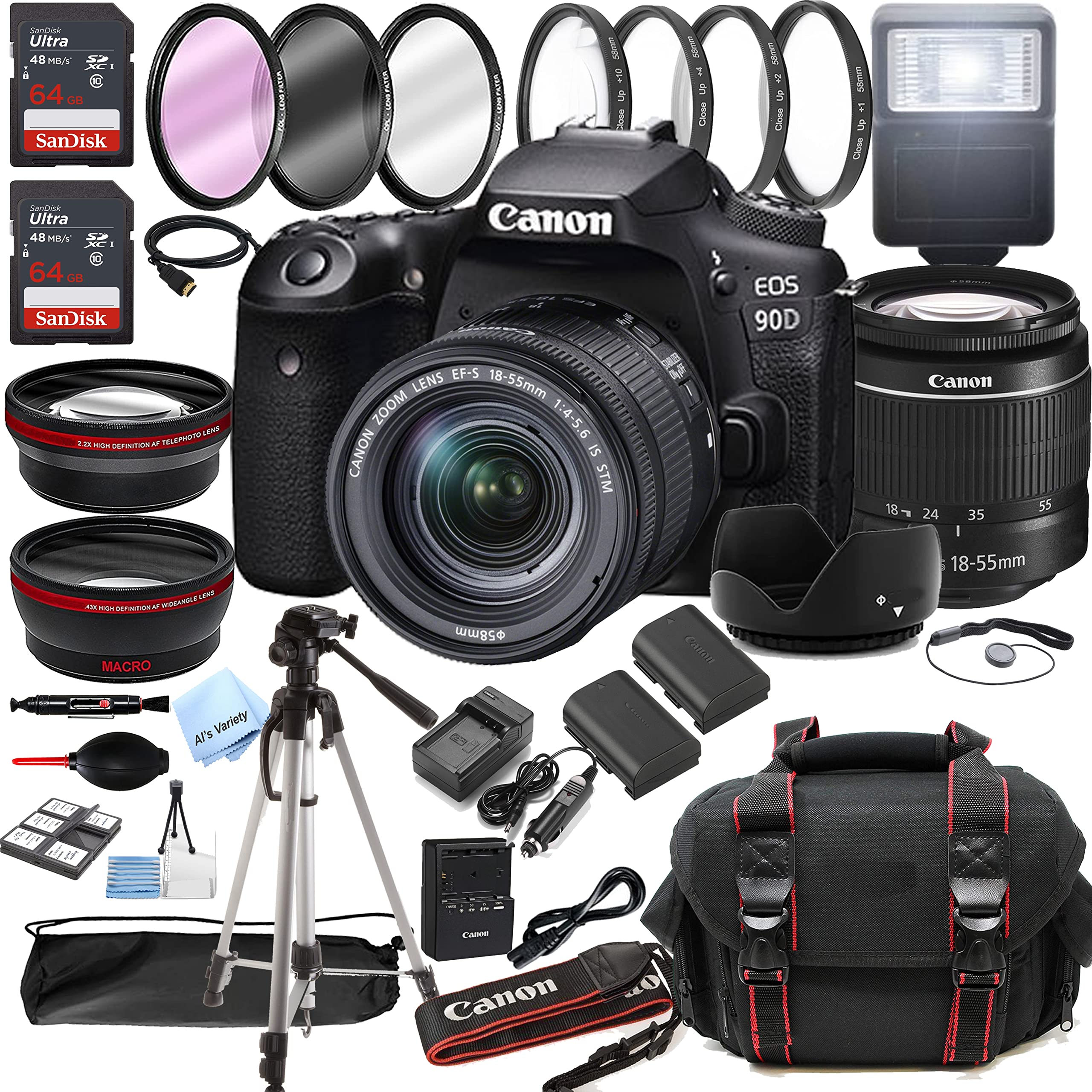 Canon EOS 90D DSLR Camera w/EF-S 18-55mm F/4-5.6 is STM Zoom Lens + 128GB Memory + Case + Tripod + Filters (36pc Bundle)