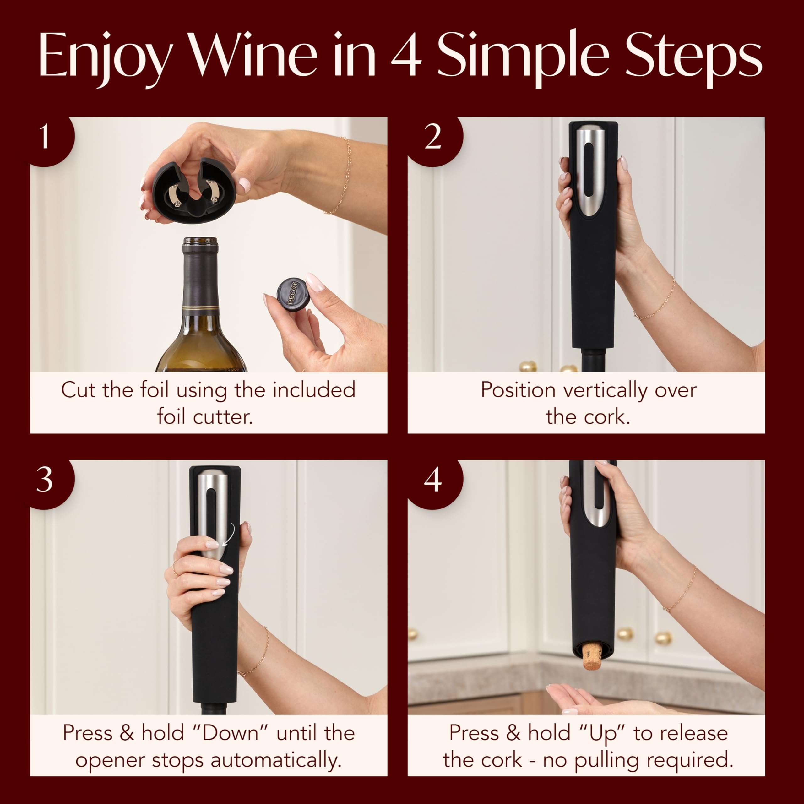 Electric Wine Opener Battery Operated with Stand and Built-in Foil Cutter - Automatic Wine Opener - Electric Corkscrew for Easy Cork Removal - Best Gift for Wine Lover (Black & Silver)