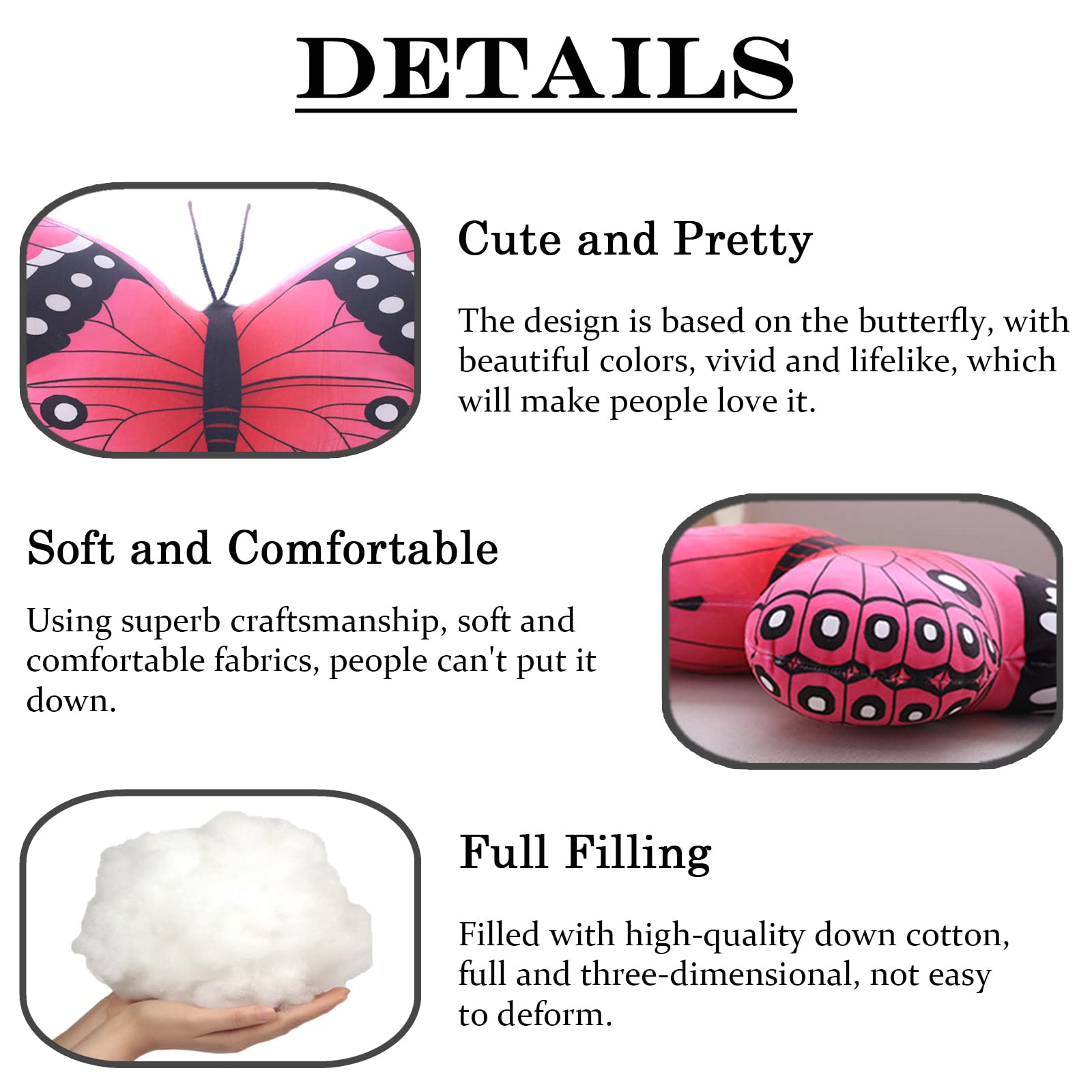 zhidiloveyou Butterfly Stuffed Animal Plush Butterfly Pillow Kawaii Toy (16×12 inch, Pink)