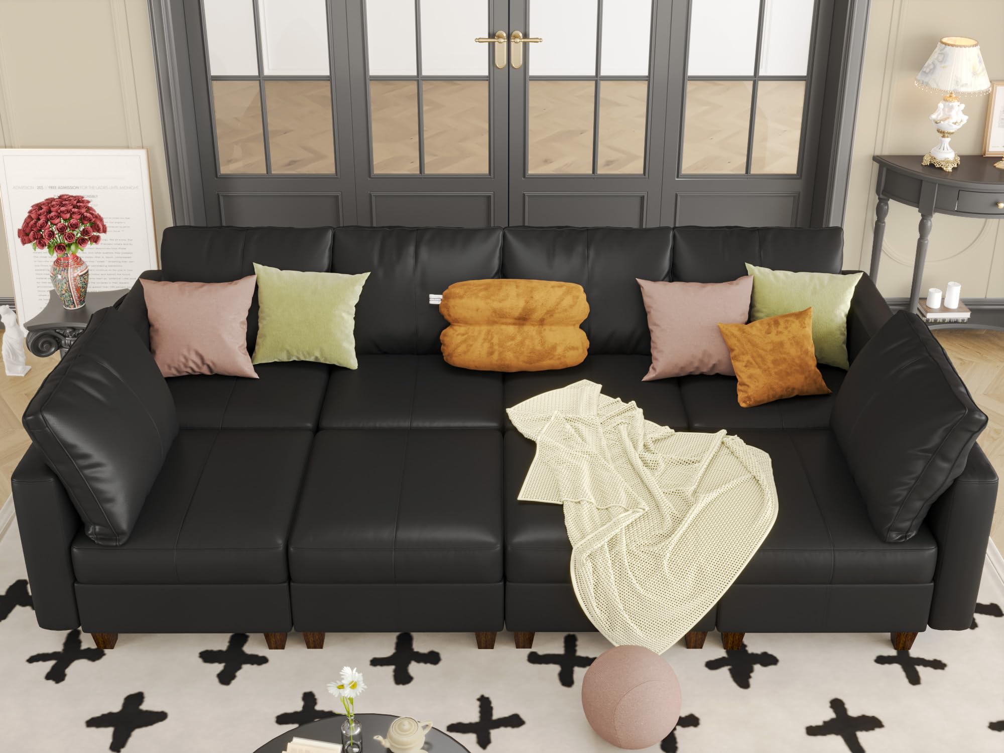 EASE MOOSE Modular Sectional Sofa Sleeper Couch with Storage, 8 Seat Faux Leather sectional Modular Sofa Large Moduar Sleeper Sofa Black Sectional Sofa Bed Modular Couch for Living Room