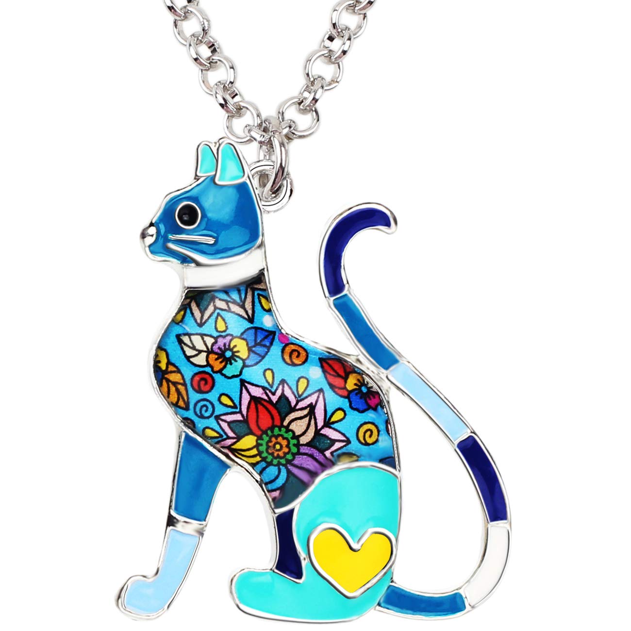 BONSNY Statement Enamel Alloy Chain Cat Necklaces Pendant Original Design For Women Jewelry Gift Charms (Blue)