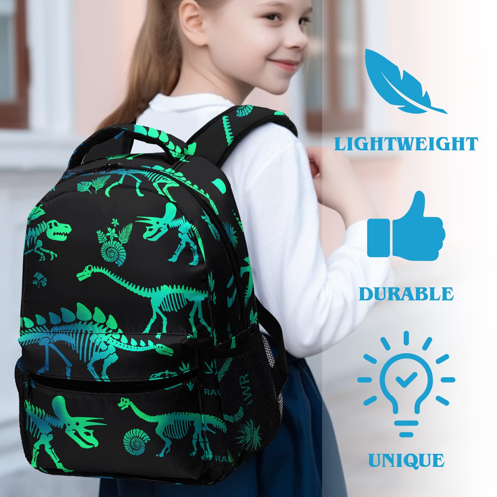 Dacawin Kids Backpack for Boys Girls Neon Green Dinosaur Skeletons Bookbag Kindergarten Preschool Nursery School Bag Lightweight Travel Back Pack