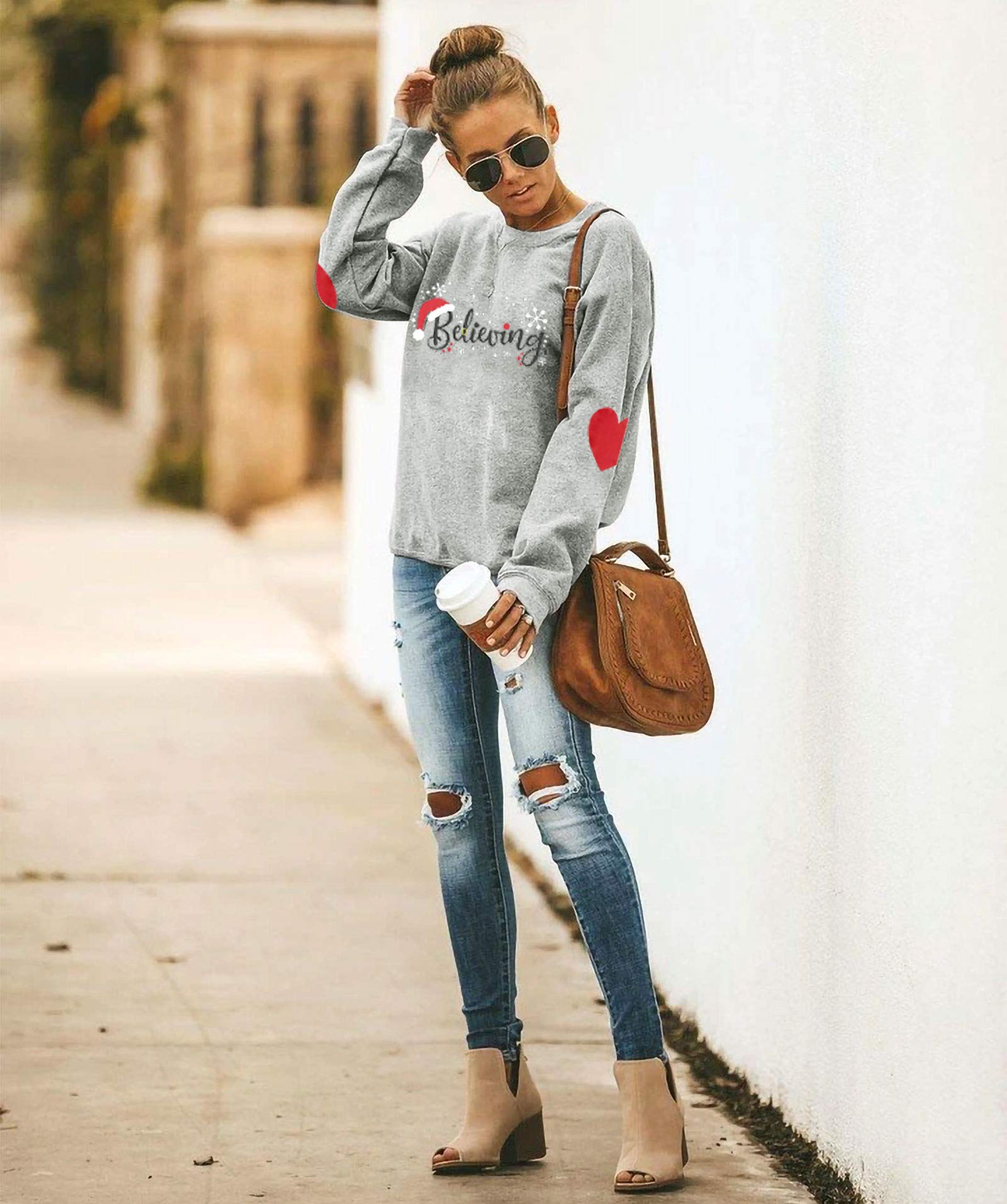 BLANCHES Christmas Sweatshirts for Women Believe Sweatshirt Funny Reindeer Snowman Xmas Holiday Long Sleeves Pullover Tops Grey