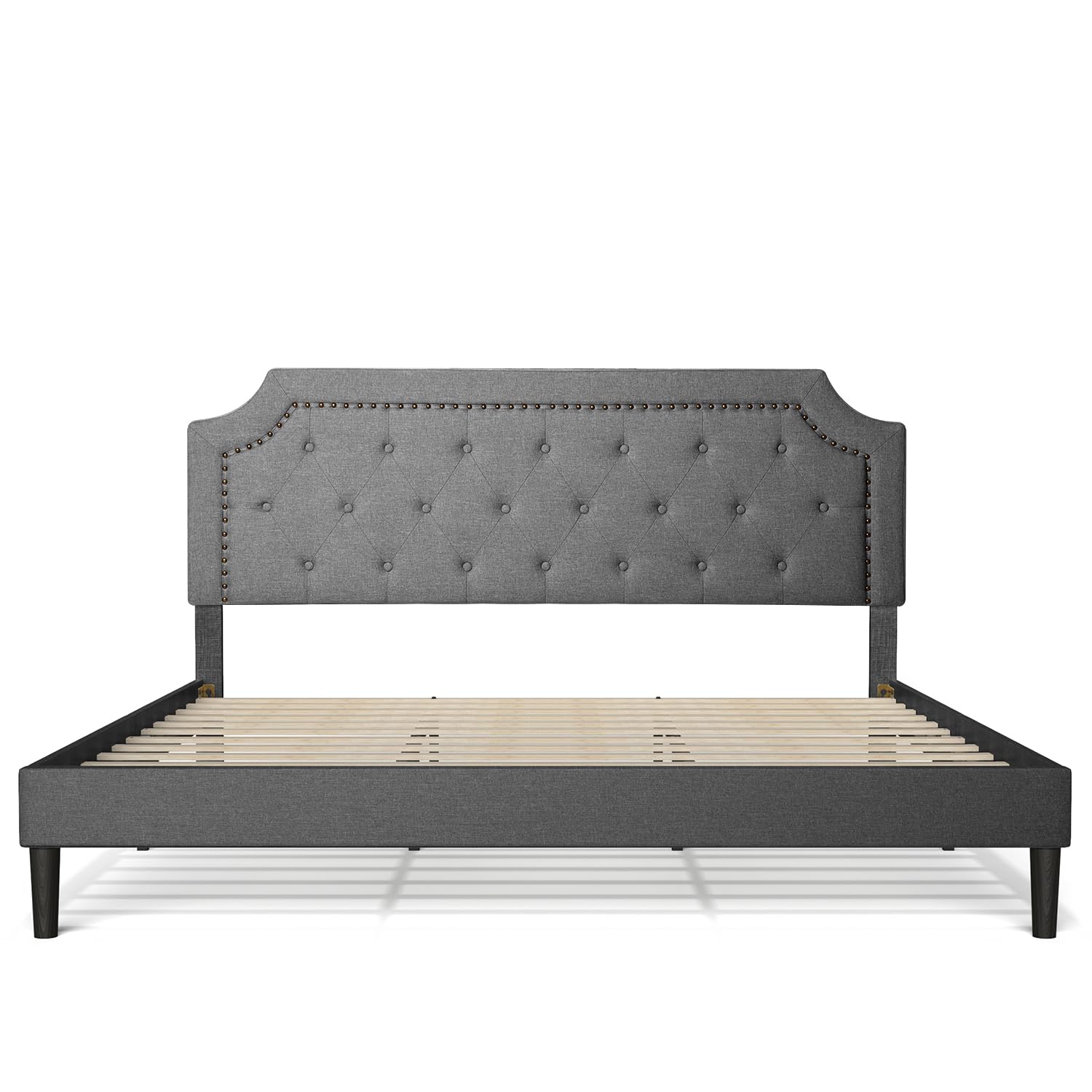 BONSOIR Full Size Bed Frame Upholstered Low Profile Traditional Platform with Tufted and Nail Headboard Linen Fabric Upholstery/Color of Sand (Sand, Full Size)