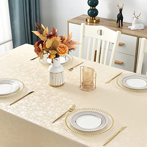 Romanstile Rectangle Vinyl Tablecloth,100% Waterproof Heavy Duty Oil Spill Proof Stain Resistant Plastic PU Table Cover with Flannel Backing for Kitchen/Dining/Parties(Rose Beige, 60 x 84