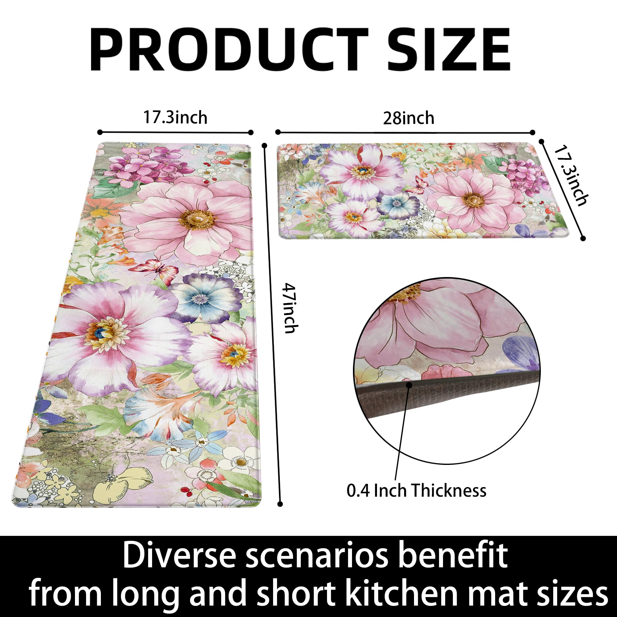 chiinvent Pink Floral Kitchen Rug Mats Set of 2 Boho Flower Anti Fatigue Kitchen Mats for Floor Non-Slip Cushioned Kitchen Floor Mat Comfort Standing Memory Foam Mat Waterproof PVC (17.3X 28+17.3X 47)