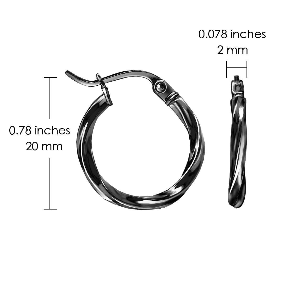 Black Flashed Sterling Silver 2mm Twist Round Hoop Earrings, 20mm