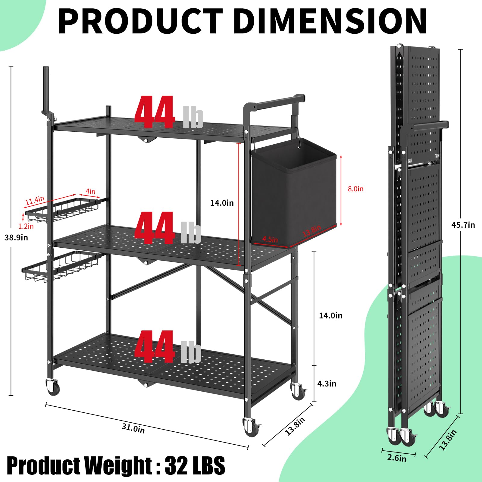 DTUQYX Foldable Outdoor Grill Cart with 3-Tier,Grill Cart,Grill Table for Outside with 2 Total Lock Casters,Pizza Oven Stand Table,Rolling BBQ Table and Folding Kitchen Island, Black