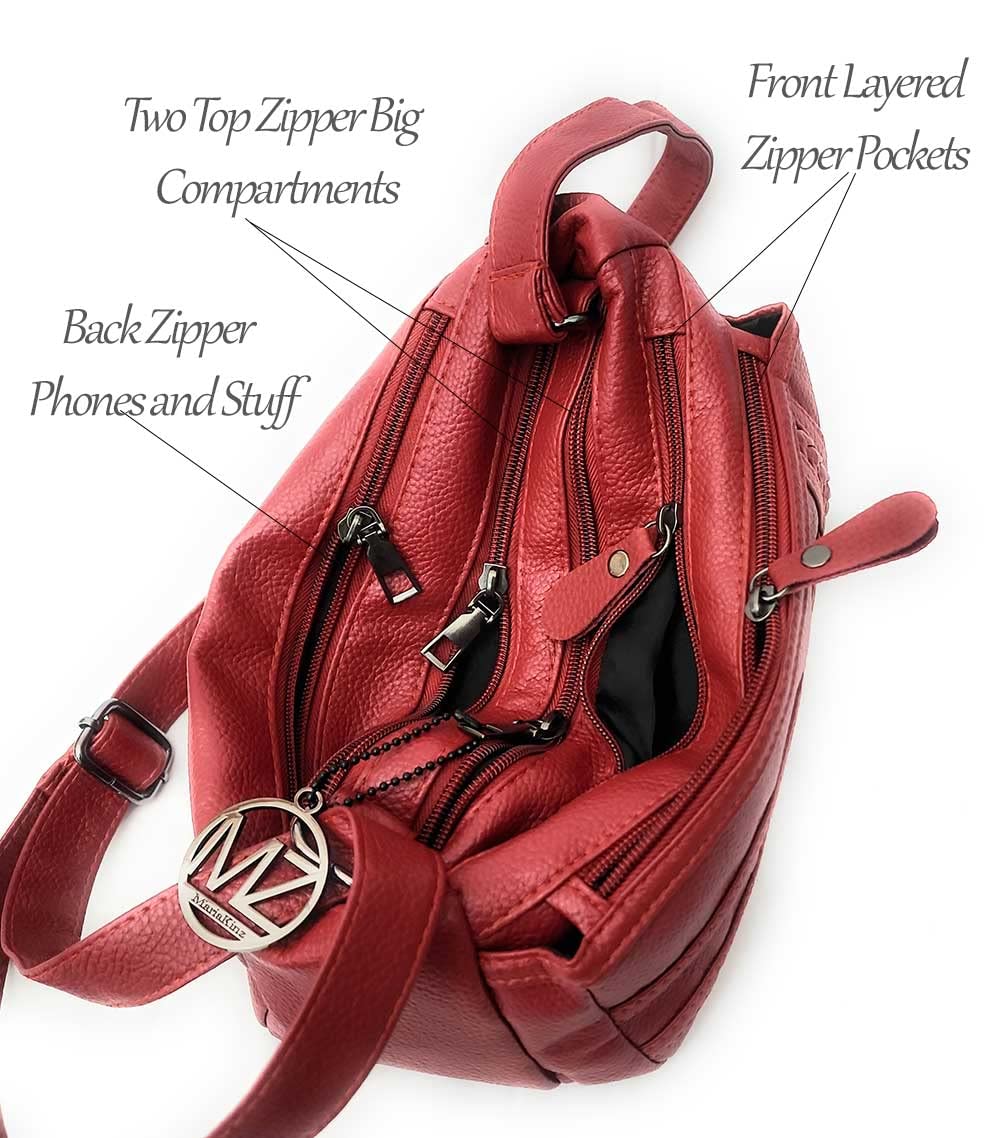 MariaKinz Soft Leather 5 Zipper Pockets Shoulder Purse and Handbag (Red)
