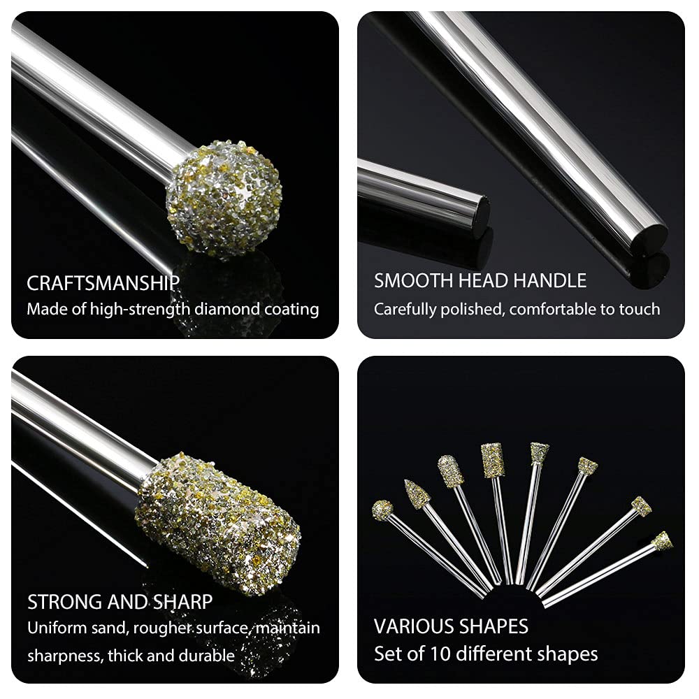 Diamond Grinding Burr Drill Bit, 20 PCS Diamond Burr Set with 1/8 Inch Shank Universal Fitment Rotary Tool Accessories for Stone Carving, DIY Grinding, Polishing, Engraving
