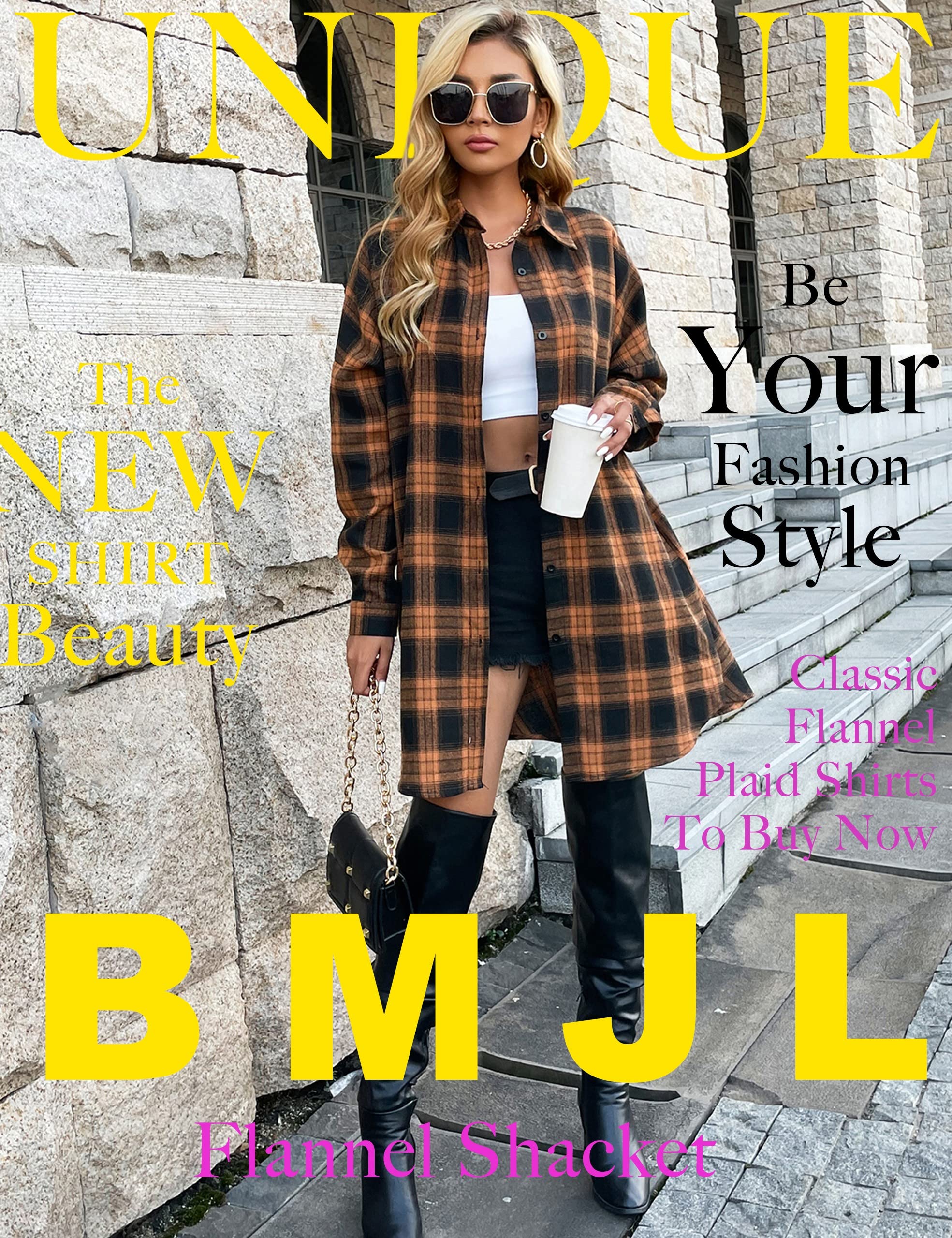 BMJL Womens Button Down Flannel Shirts Oversized Buffalo Plaid Shacket Long Sleeve Shirt Dress Long Jacket Coat Fall Tops fashion 2023(Brown, M)