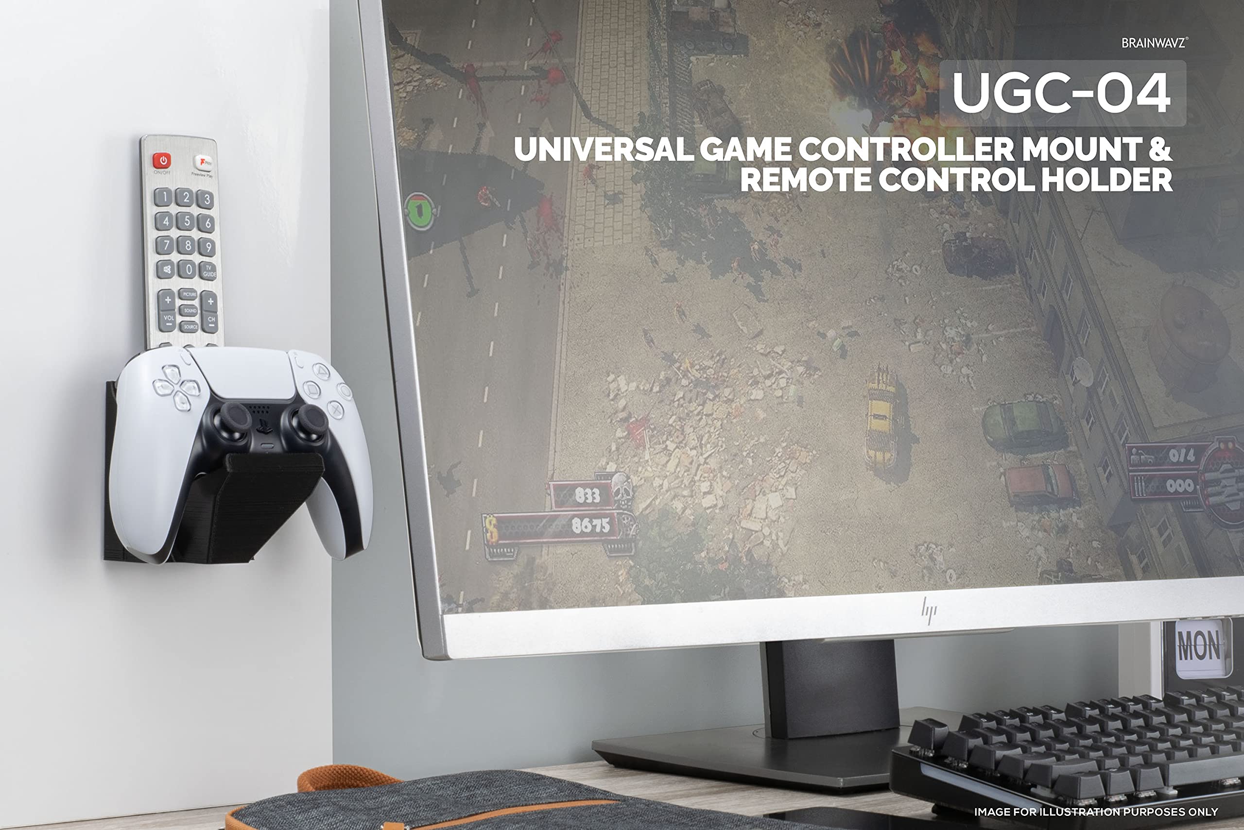 BRAINWAVZ Universal Game Controller & TV Remote Control Wall Mount Stand Holder Hanger Storage - Designed for Xbox ONE, PS4, PS3, PS5, Dualshock, DualSense, PC, Steelseries, Steam & More, UGC-04