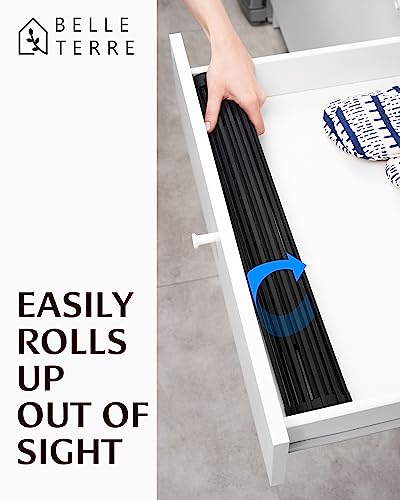 Large Dish Drying Rack for Kitchen Sink - Over Sink Dish Drying Rack to Dry Dishes & Drain Items - Modern & Stylish Dish Rack Set with Extra Side Tray - Space-Saving Roll-Up Counter Drainboard - Black