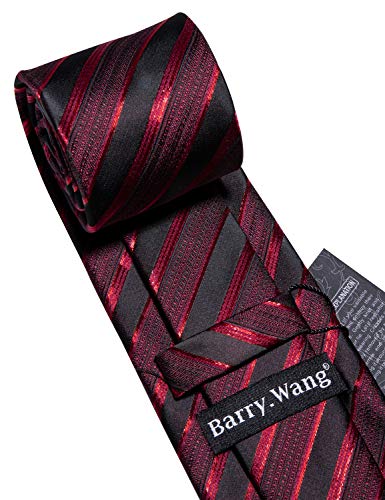 Barry.Wang Stripe Men Ties Set Classic WOVEN Necktie with Handkerchief Cufflinks Formal Black Red