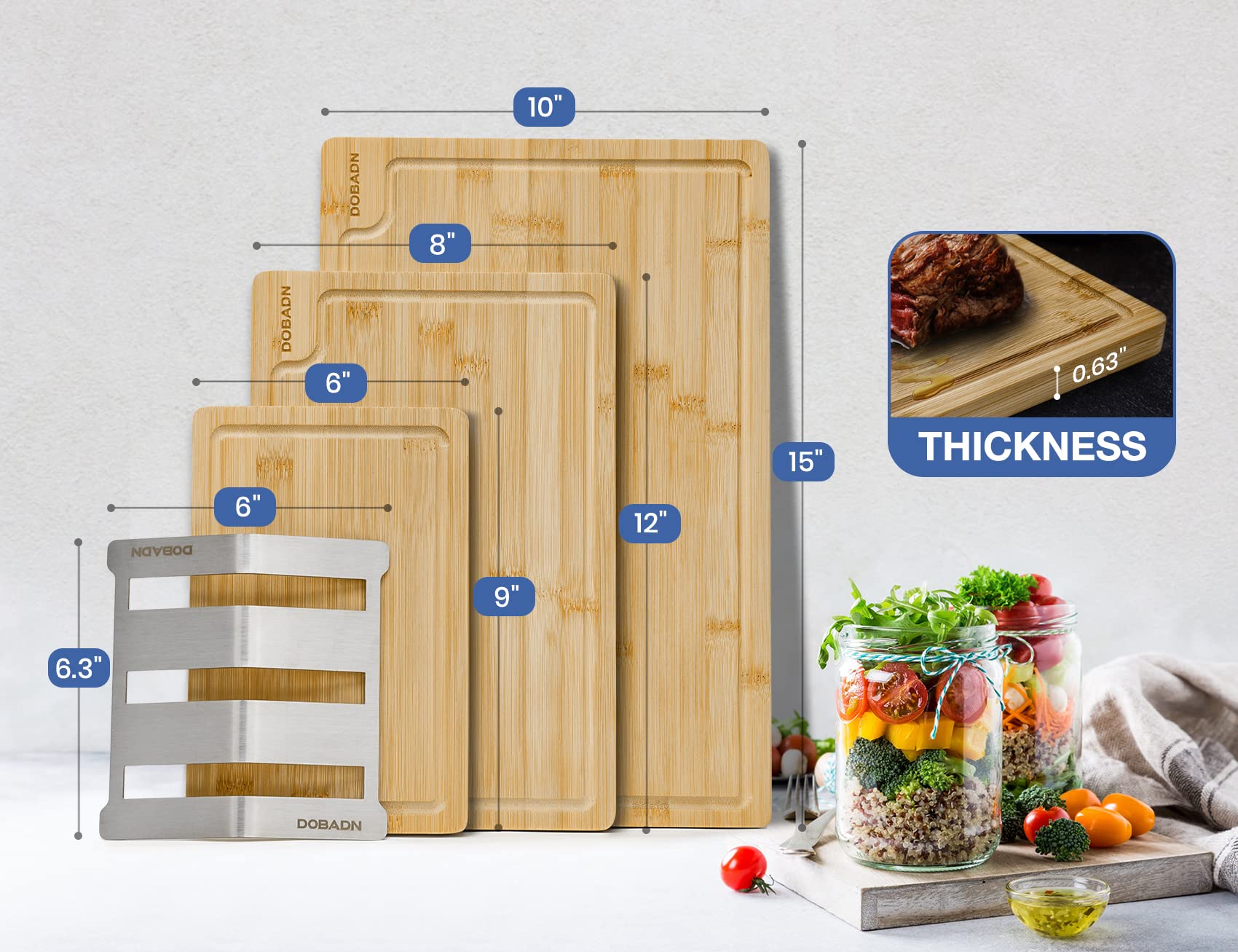 DOBADN Bamboo Cutting Board Set for Kitchen,(Set of 3)Chopping Boards with Juice Groove,Natural Wood Cutting Boards with Stainless Steel Holder,Cutting Board Set for Butcher Block,Cheese,Vegetables