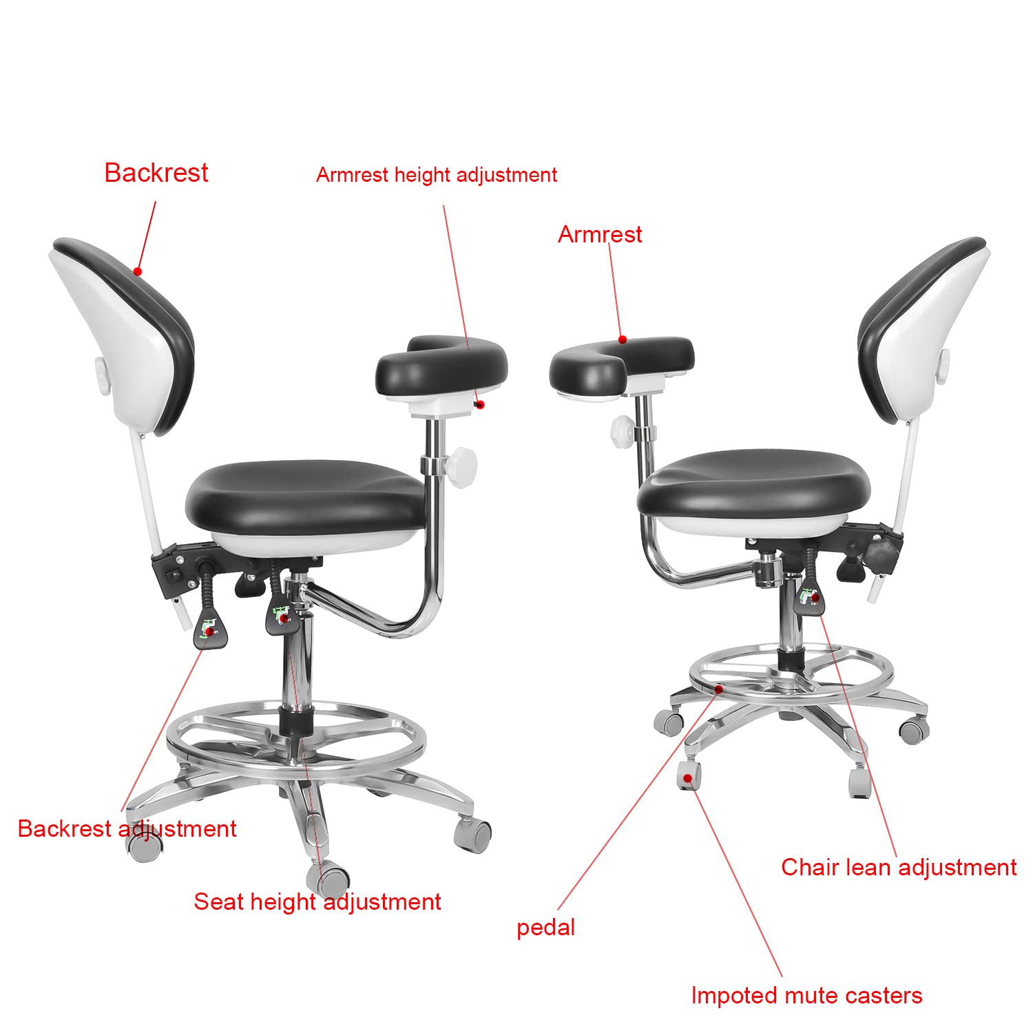 ORILAO Multi Function Adjustable Dental Assistant Stool with Armrest Rack Rolling Cover PU Leather Foot Controlled