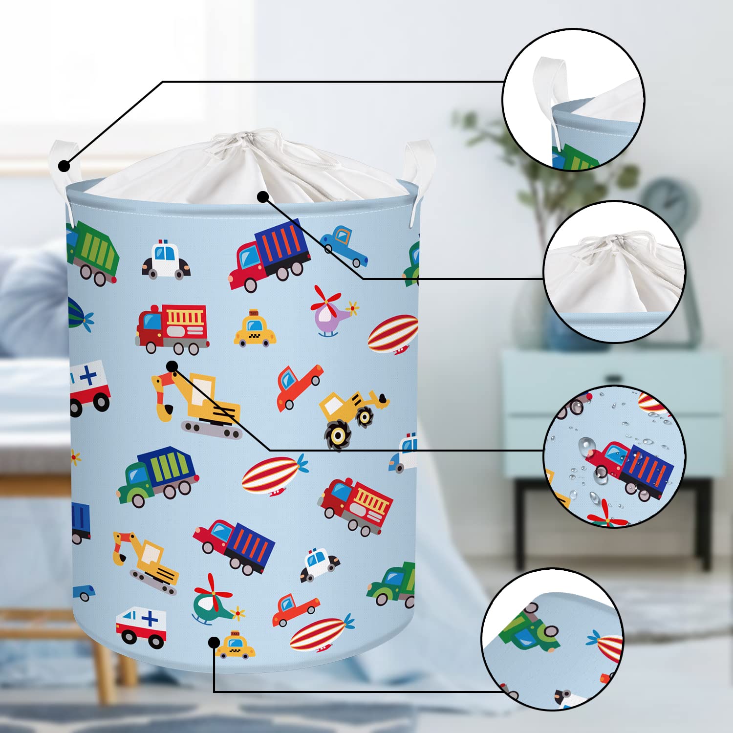 Clastyle 45L Cartoon Car Nursery Laundry Basket Blue Drawstring Collapsible Laundry Hamper with Handle Waterproof Toys Storage Basket for Kids Room, 14 * 17.7 in