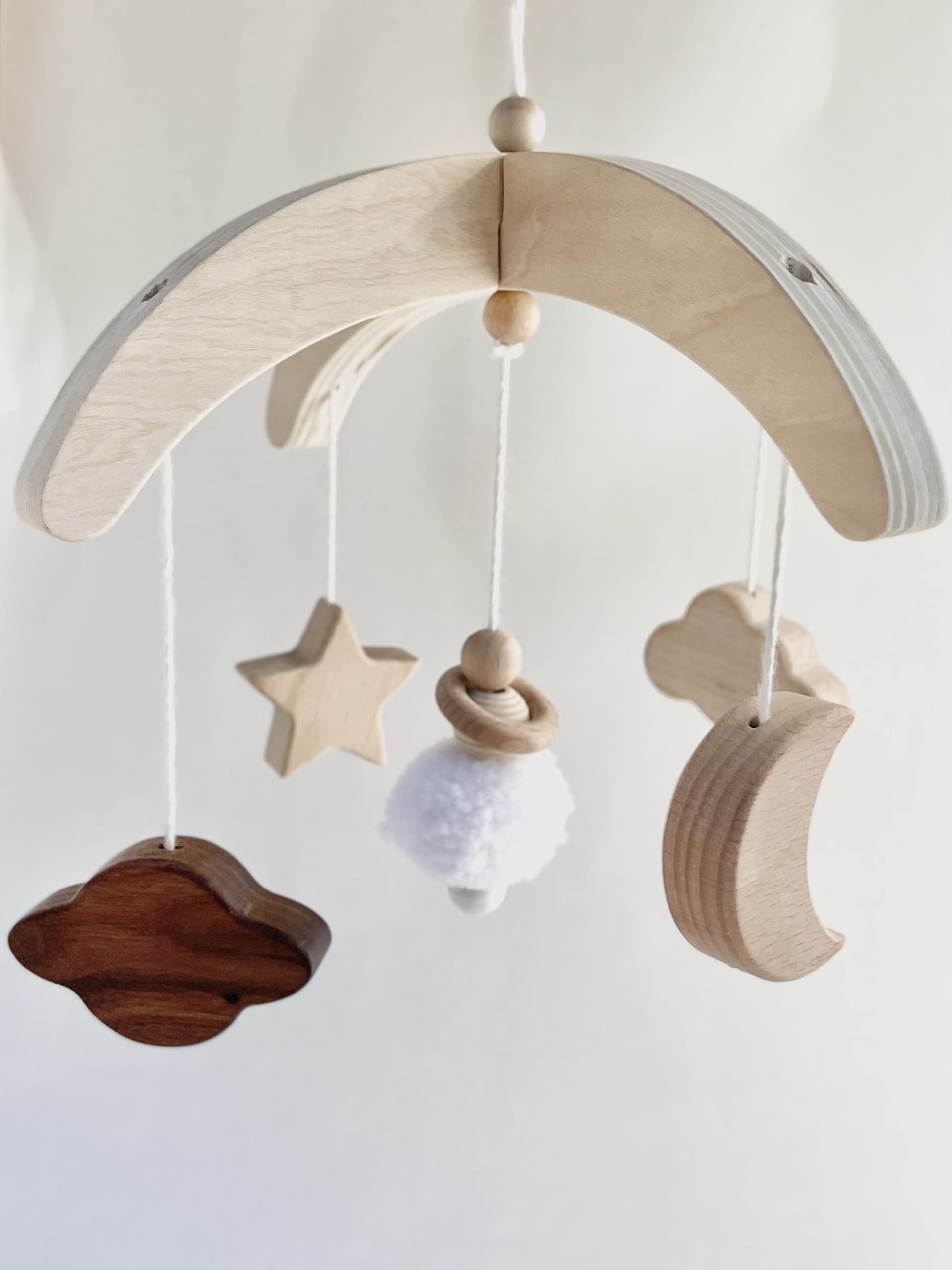 Crib Mobile, Wooden Moon & Star W/ Mounting Arm Bed Bell, Brown/White, 100.0 Count