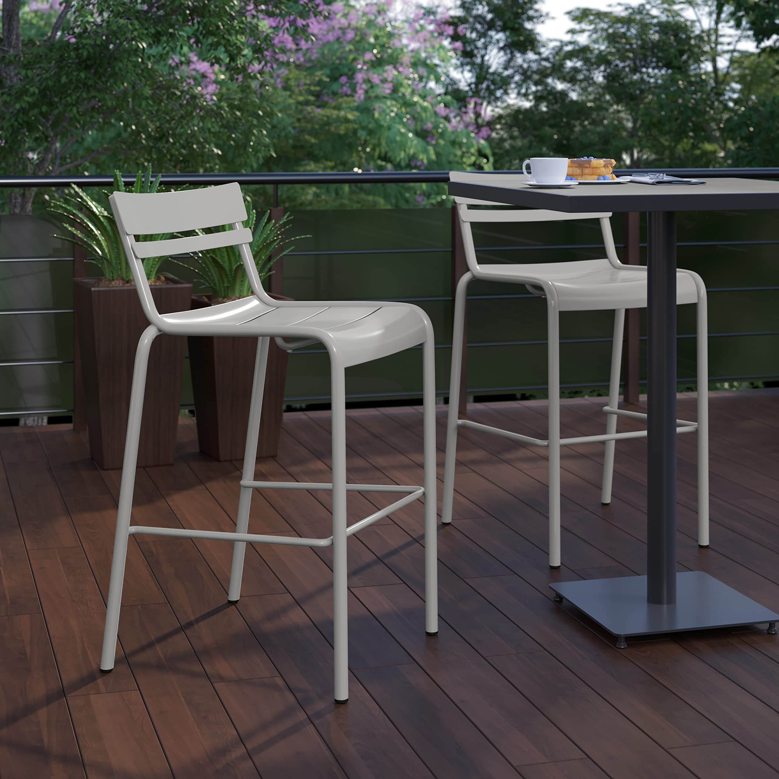 Flash Furniture Nash Commercial Grade Steel Stack Stool, Indoor-Outdoor Bar Stool with 2 Slat Back, Set of 4, Silver