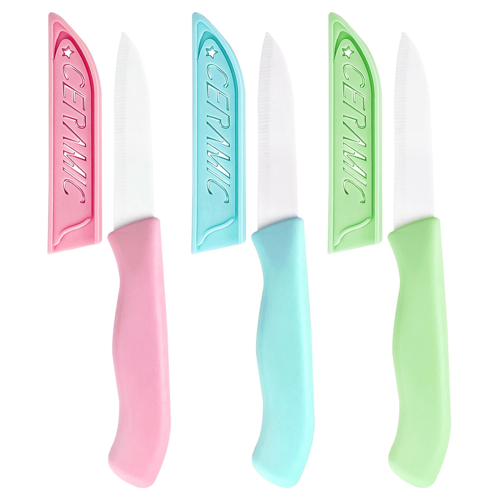 DUFEIMOY 3 Inch Ceramic Knife Set, Small Paring Knives Set of 3, Sharp Kitchen Knives with Sheath, Bright Colored Blue, Green, Pink Knife