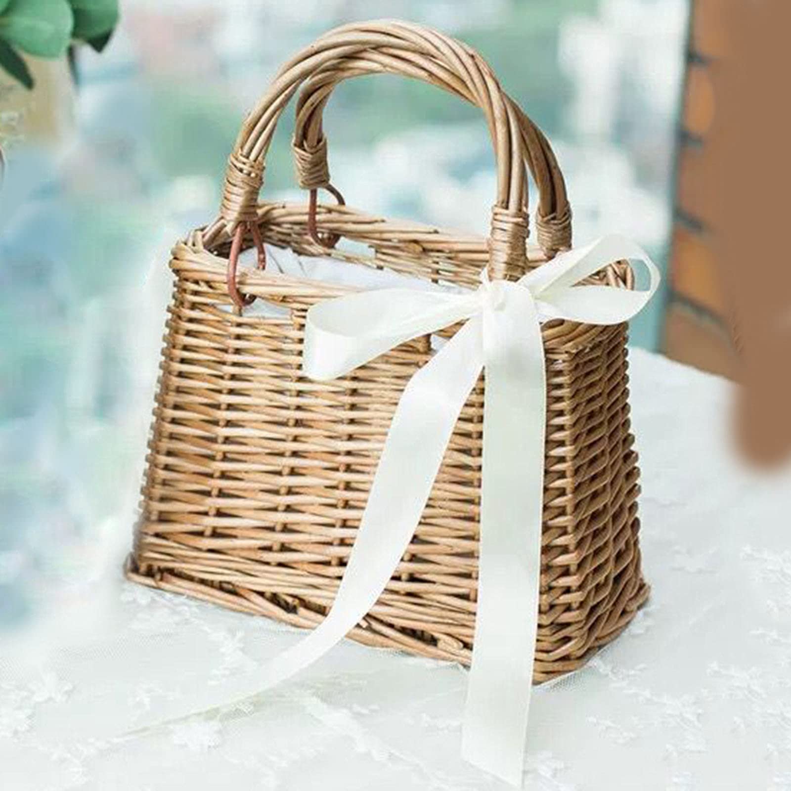 Duiaynke 1 Piece Rattan Basket Handmade Woven Tote Bag Used for Decor or Storage Grocery Basket Holiday Travel Storage Basket (Rectangle)