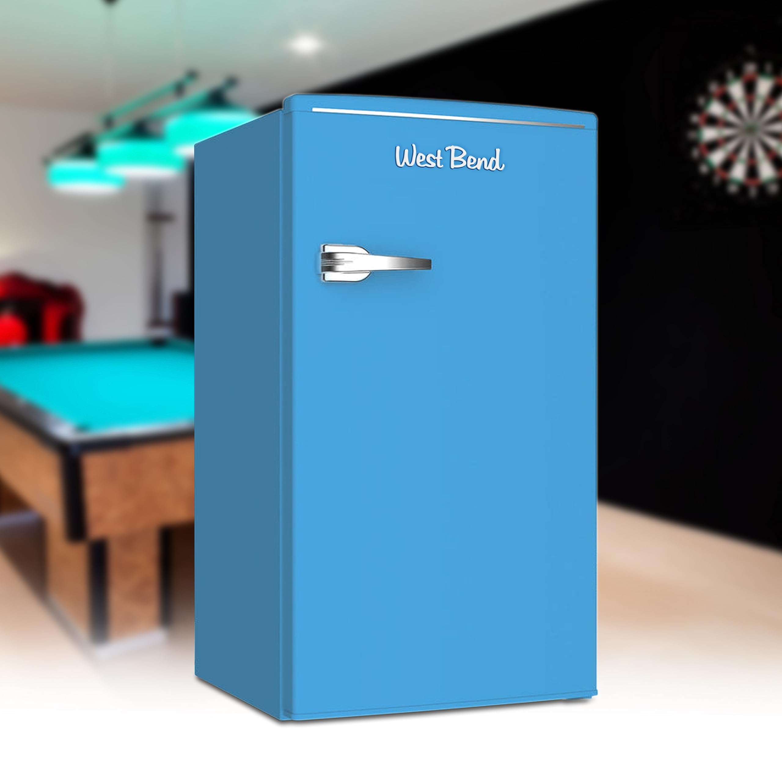 West Bend WB0310RCRXRB Retro Mini Fridge for Home Office or Dorm, Manual Defrost and Adjustable Temperature, 3.1-Cu.Ft, Robin's Egg Blue