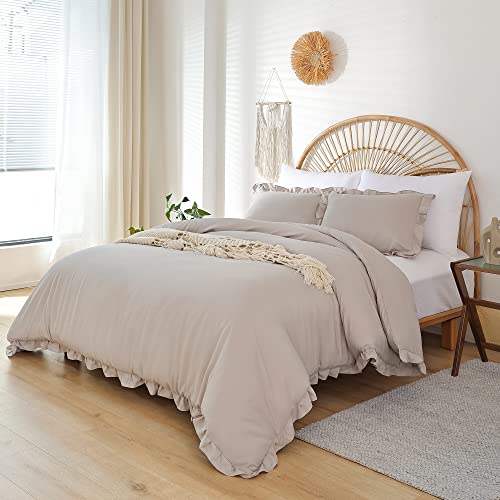 JANZAA Vintage Bedding Set Soft Shabby Chic Fluffy All Season Queen Oatmeal Comforter Set 3PCS(1 Ruffled Comforter Set and 2 Pillowcases)