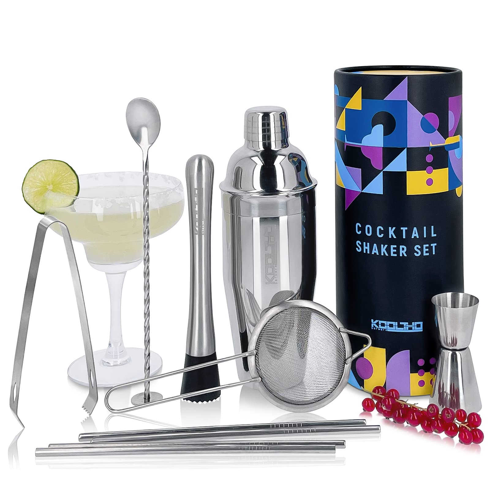 Cobbler Shaker Cocktail Mixer Set, Manhattan Drink Gift Sets for Women Men, Full Bartender Kit with Cocktails Mixing Accessories Jigger Bar Spoon Muddler Strainer Tongs Reusable Metal Straws 4 Drinks