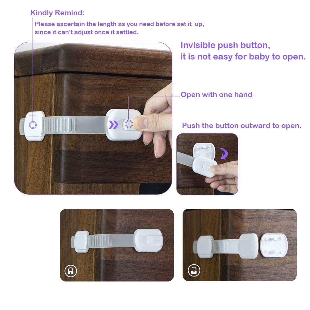 Child Safety Strap Locks and Cabinet Locks (4 Pack) for Drawers Cabinets Fridge Dishwasher Cupboard Oven Adhesive No Drilling
