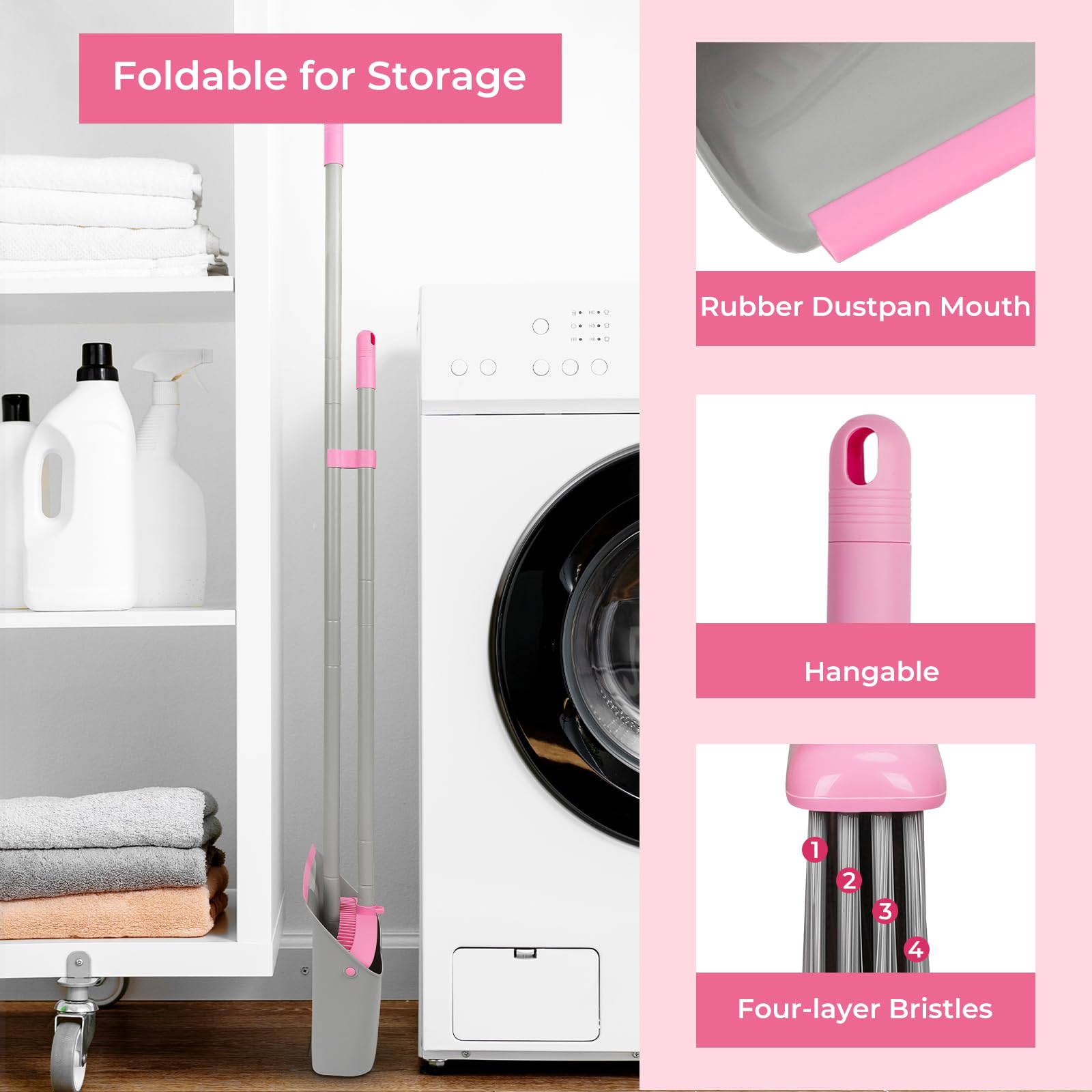 Pink Broom with Dustpan Combo Set,52" Brooms for Sweeping Indoor Broom and Dustpan Set for Home Kitchen Office Lobby Floor Standing Dust Pan