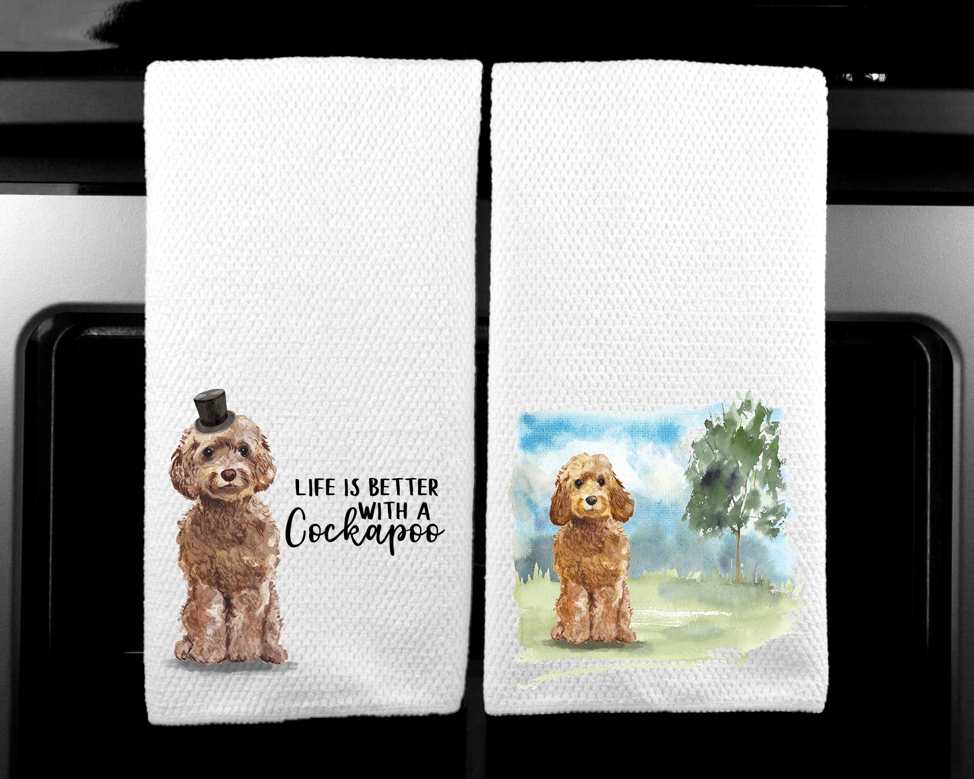 Cockapoo Landscape and Watercolor Dog Life is Better Microfiber Kitchen Tea Towel Set of 2
