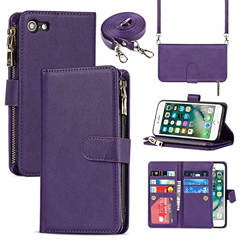 Jaorty iPhone SE 2022/SE 2020/iPhone 8/iPhone 7 Phone Case Wallet for Women Men with Card Holder,iPhone SE 2022 Crossbody Case with Strap Shoulder Lanyard,Zipper Pocket PU Leather Cases,4.7" Purple