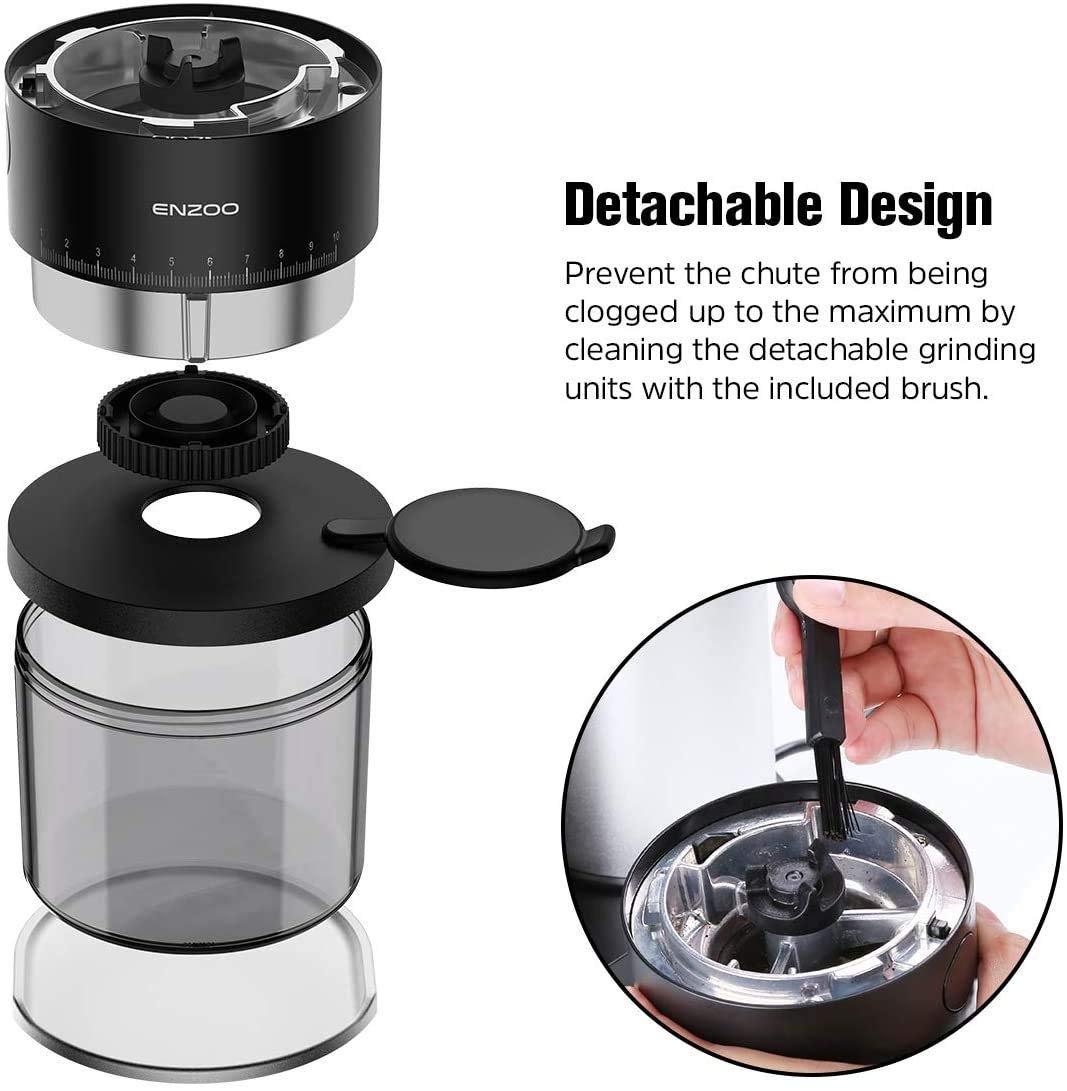 Conical Burr Coffee Grinder, ENZOO Electric Coffee Bean Grinder with Detachable Design for Easy Cleaning, 40 Precise Grind Setting for Espresso, Drip Coffee, French Press and Percolator Coffee