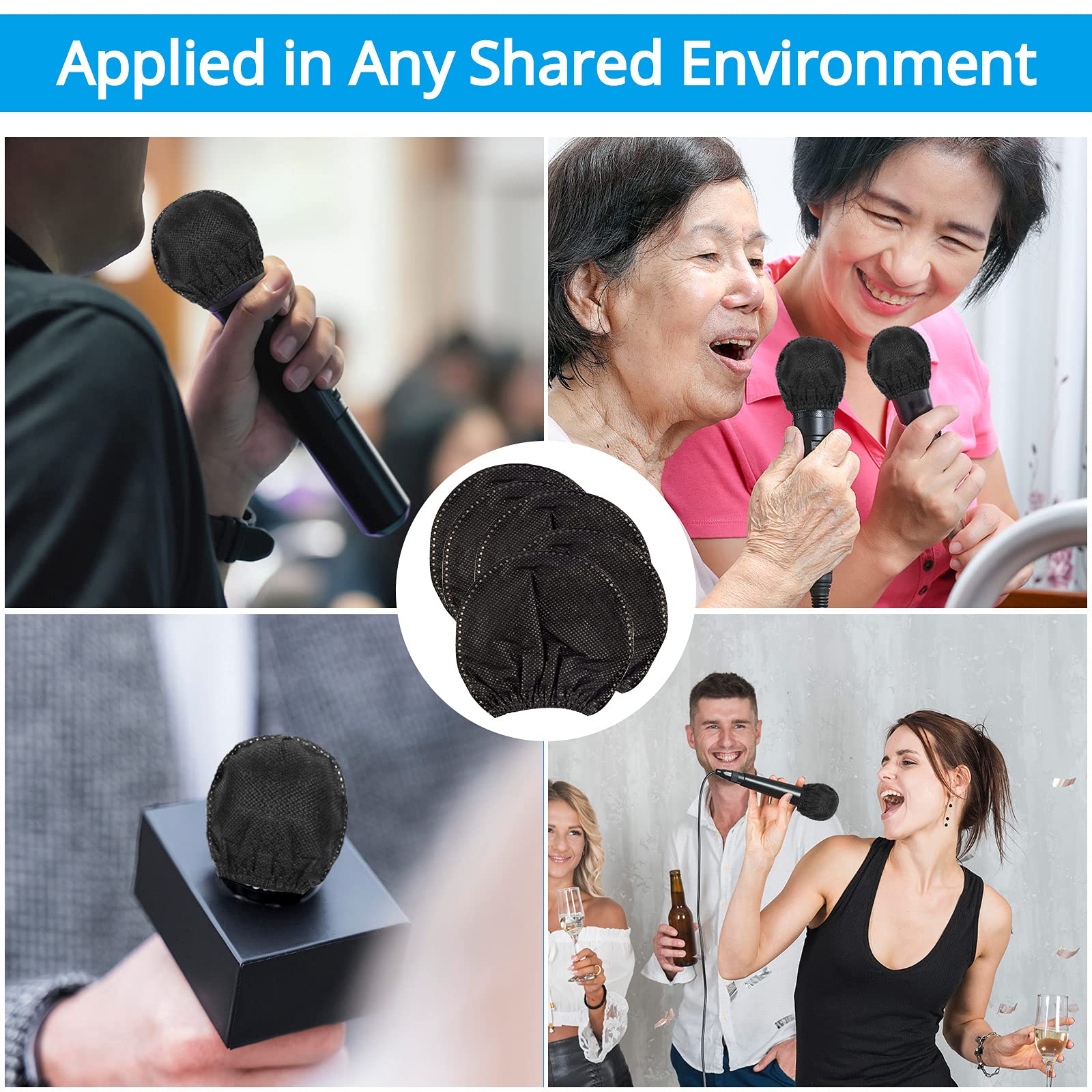 WHXGQ Microphone Covers Disposable, Mic Individually Wrapped, Non-Woven, Elastic Band, No-Odor Sanitary for Recording Room, KTV and Any Shared Environment 40Pcs (Black) V, medium