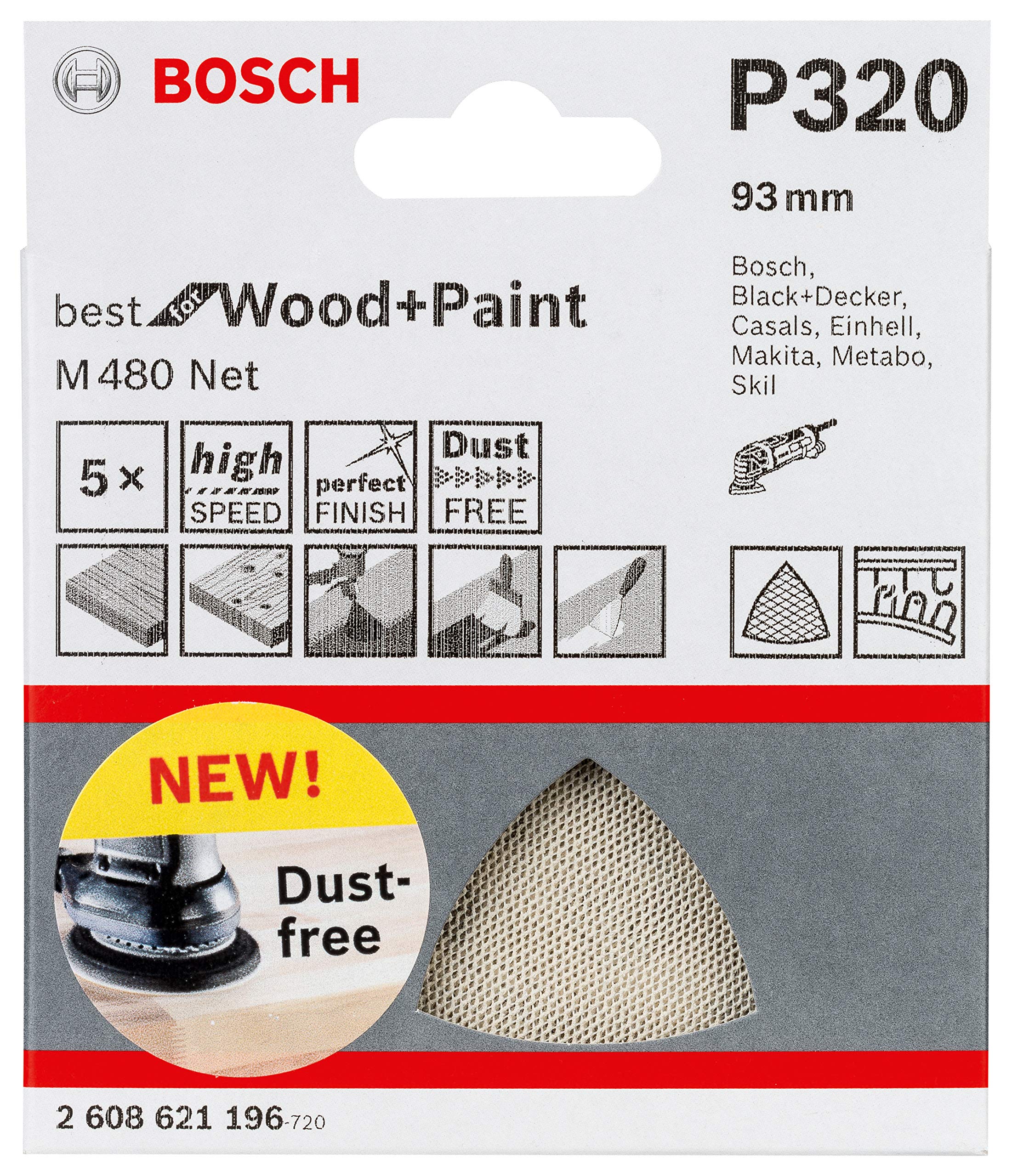 Bosch Genuine M480 Net Virtually Dust-Free Sanding Sheets for Wood or Paint (5 packs of 5 Sheets, Grit = 320) (To Fit: Bosch PDA & GDA Sanders) c/w STANLEY KeyTape