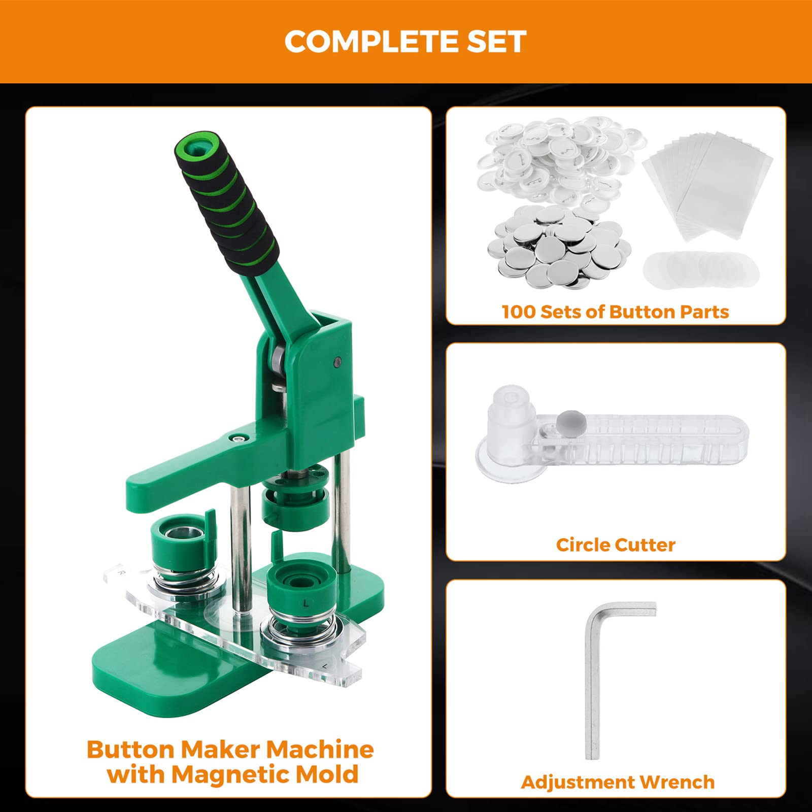 BEAMNOVA Upgraded Button Maker Machine with Magnetic Mold & 100 Sets of Button Parts Supplies, 25mm / 0.98 in (About 1 Inch) Round Pin Making Kit