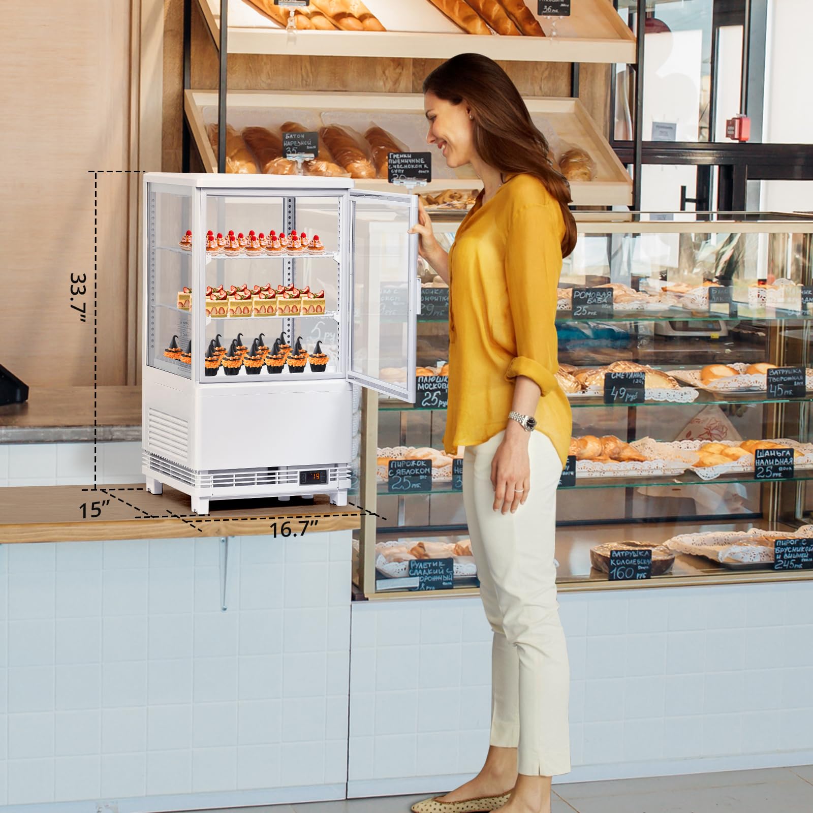 EastVita Display Commercial Refrigerator Case,2.1 Cu.Ft Display Fridge Single-Door Pastry Display Case With Interior Led Lighting, Double-Layered Glass Bakery Display Refrigerator 白色