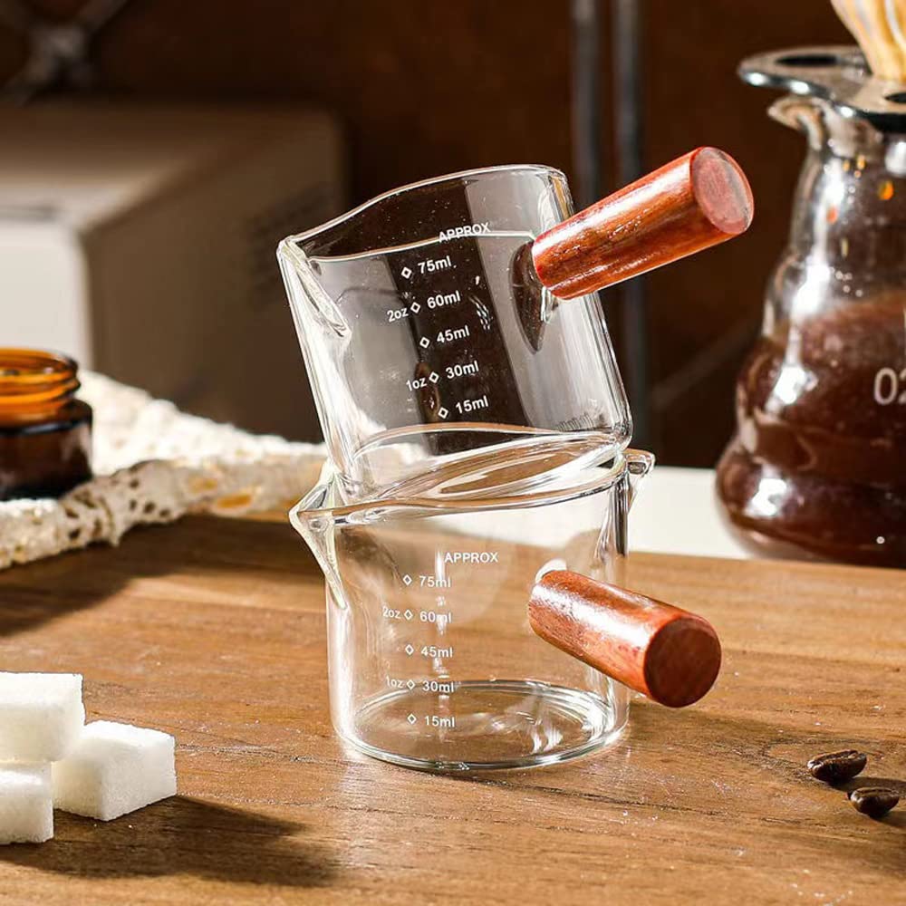 DEESUNG 2 Pack - Espresso Shot Glasses, Double Spouts, High Borosilicate Glass Material with Wood Handle, 2 OZ (75 ml) Capacity, Multiple Functions, Coffee Cup, Honey jar, Salad jar