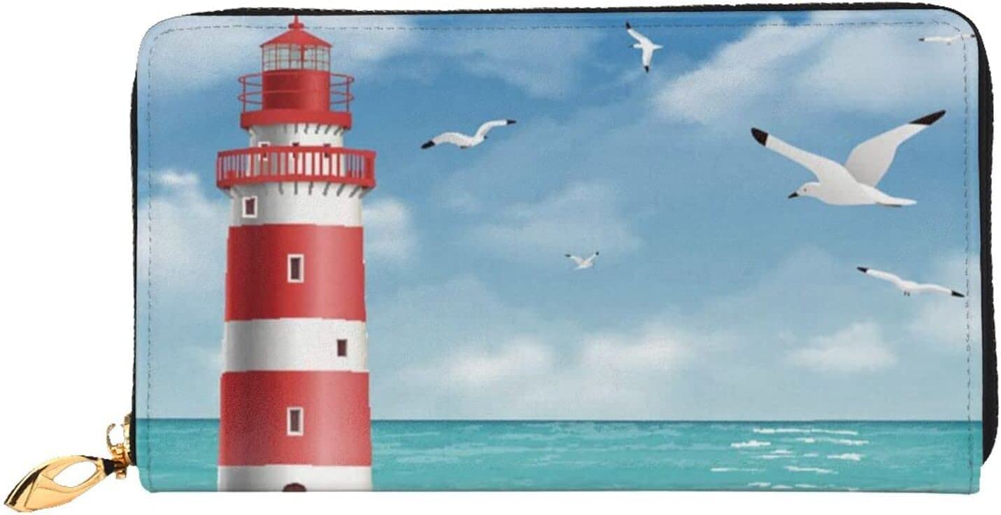 Bird Flying Over Red White Lighthouse Leather Wallet Long Clutch Purse Fashion Wristlet Handbag