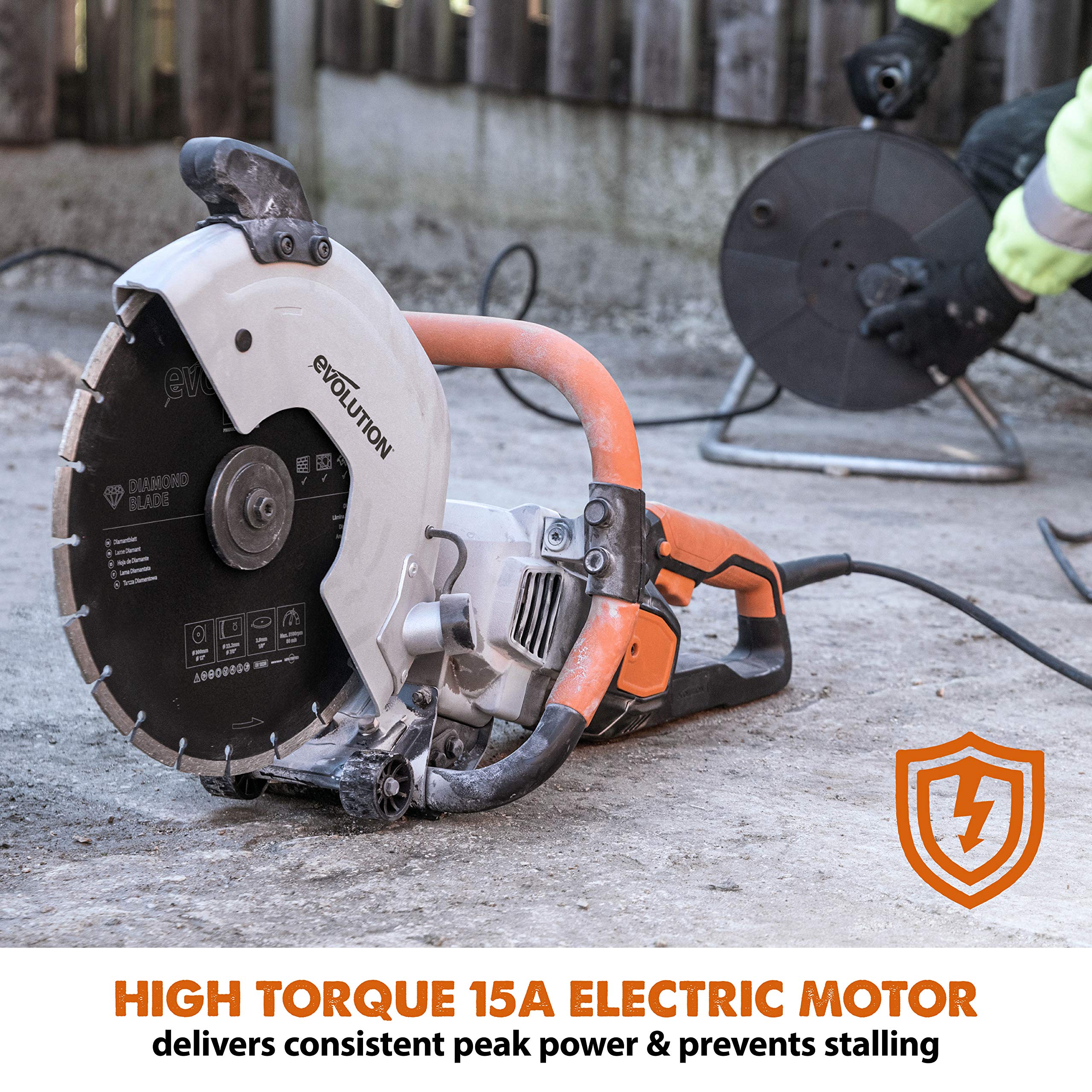 Evolution Power Tools R300DCT 12 inch Concrete Saw (Aka Circular Saw, Angle Grinder, Chop / Cut Off Saw, Demo Saw, Disc / Power Cutter) Electric Motor, No Gas - 4-1/2" Cut - Incl Diamond Masonry Blade
