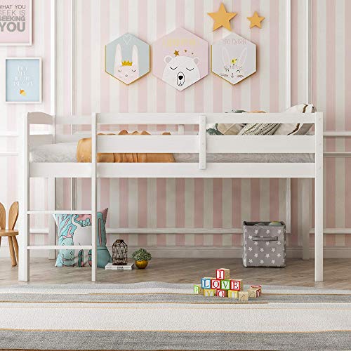 Merax LUMISOL Junior's Low Loft Bed for Kids, Twin Loft Bed with Guard Raill and Built-in Ladder, Bed Bedroom Furniture (White)