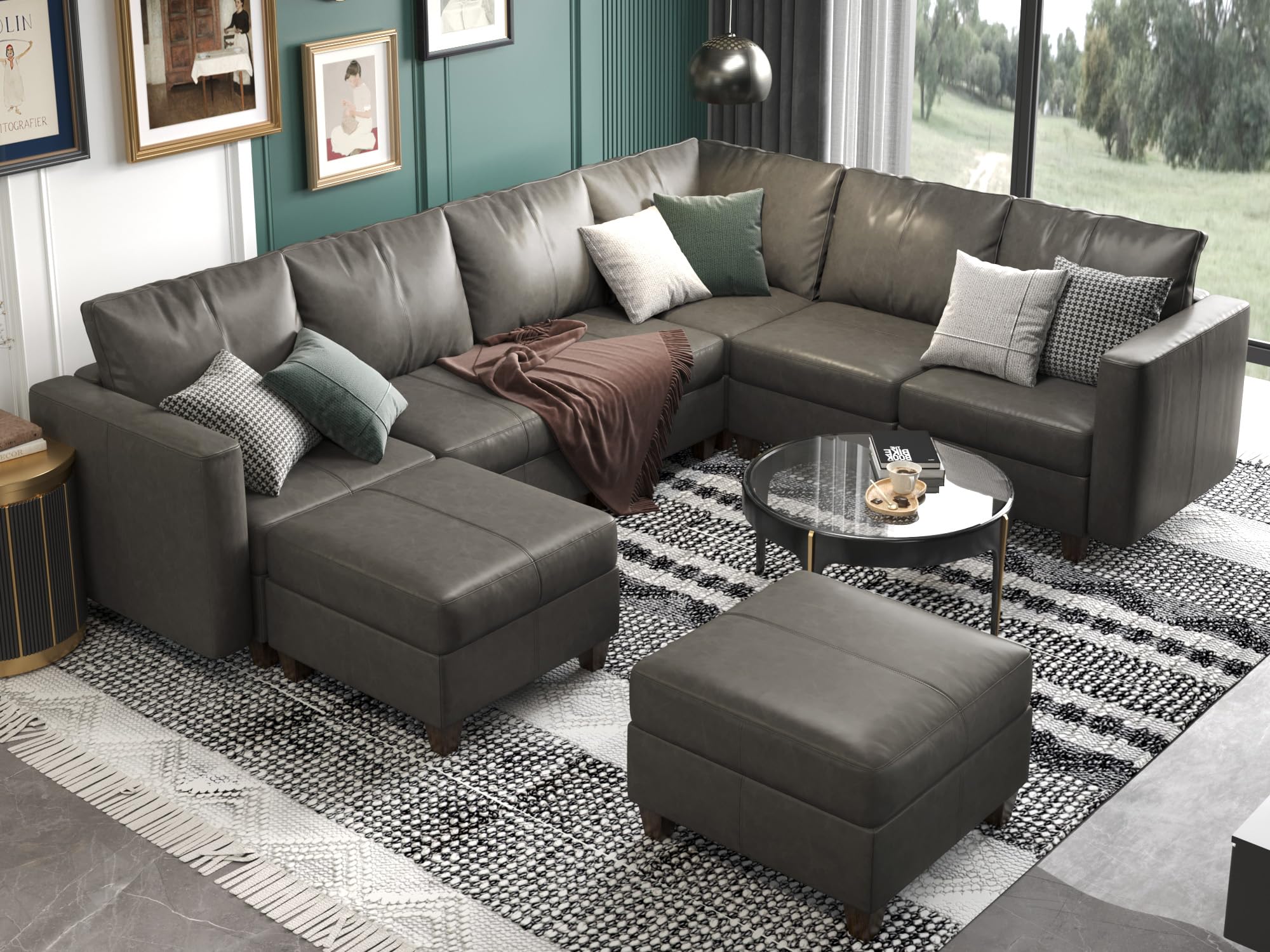 EASE MOOSE Modular Sectional Sofa with Storage, U Shaped Sectional Faux Leather Sectional Couch Large Sectional Sofa, Grey