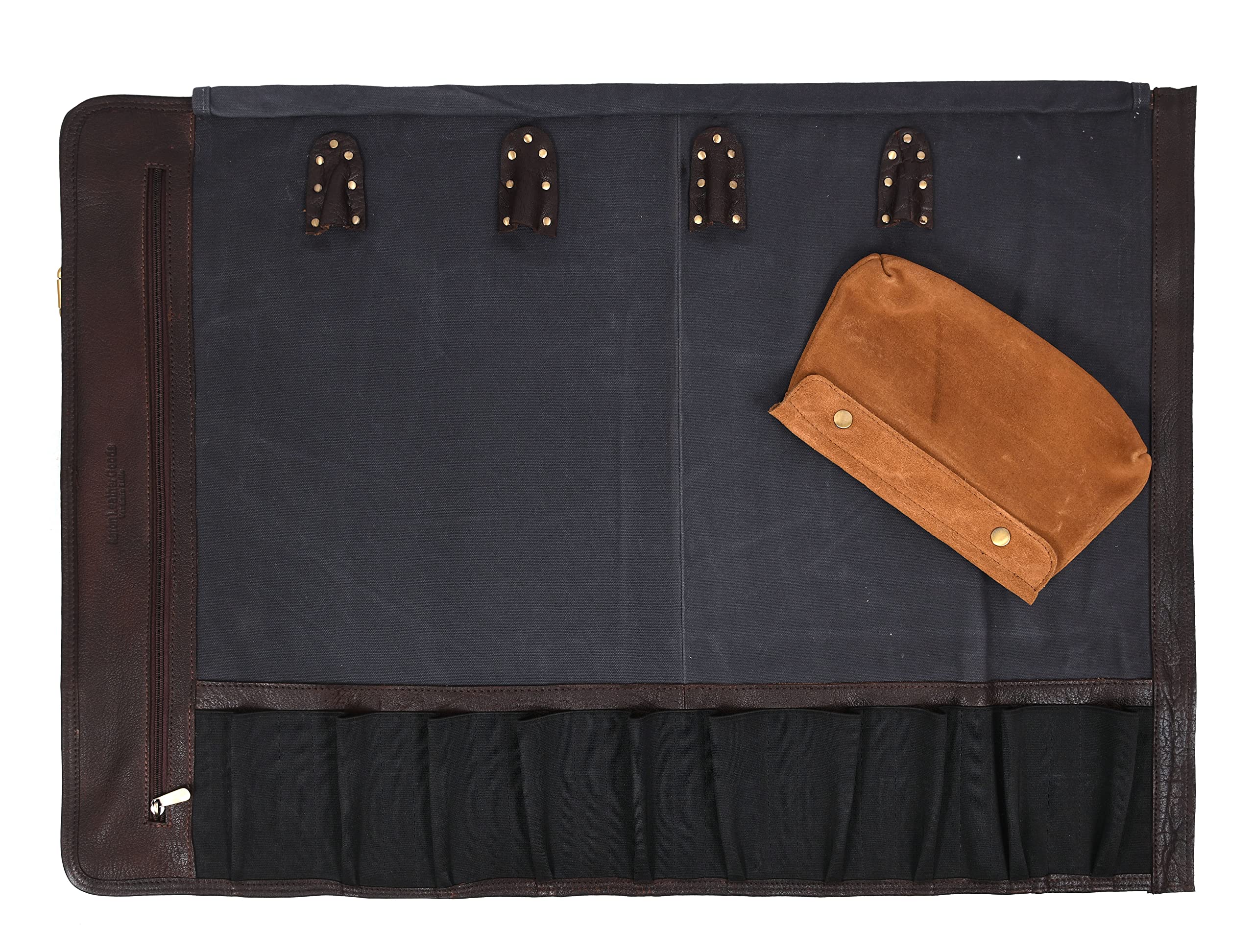 Leather Canvas Knife Roll Storage Bag Expandable 10 Pockets Detachable Shoulder Strap Travel-Friendly Chef Knife Case Roll By Aaron Leather Goods (Nelson, Canvas Leather)