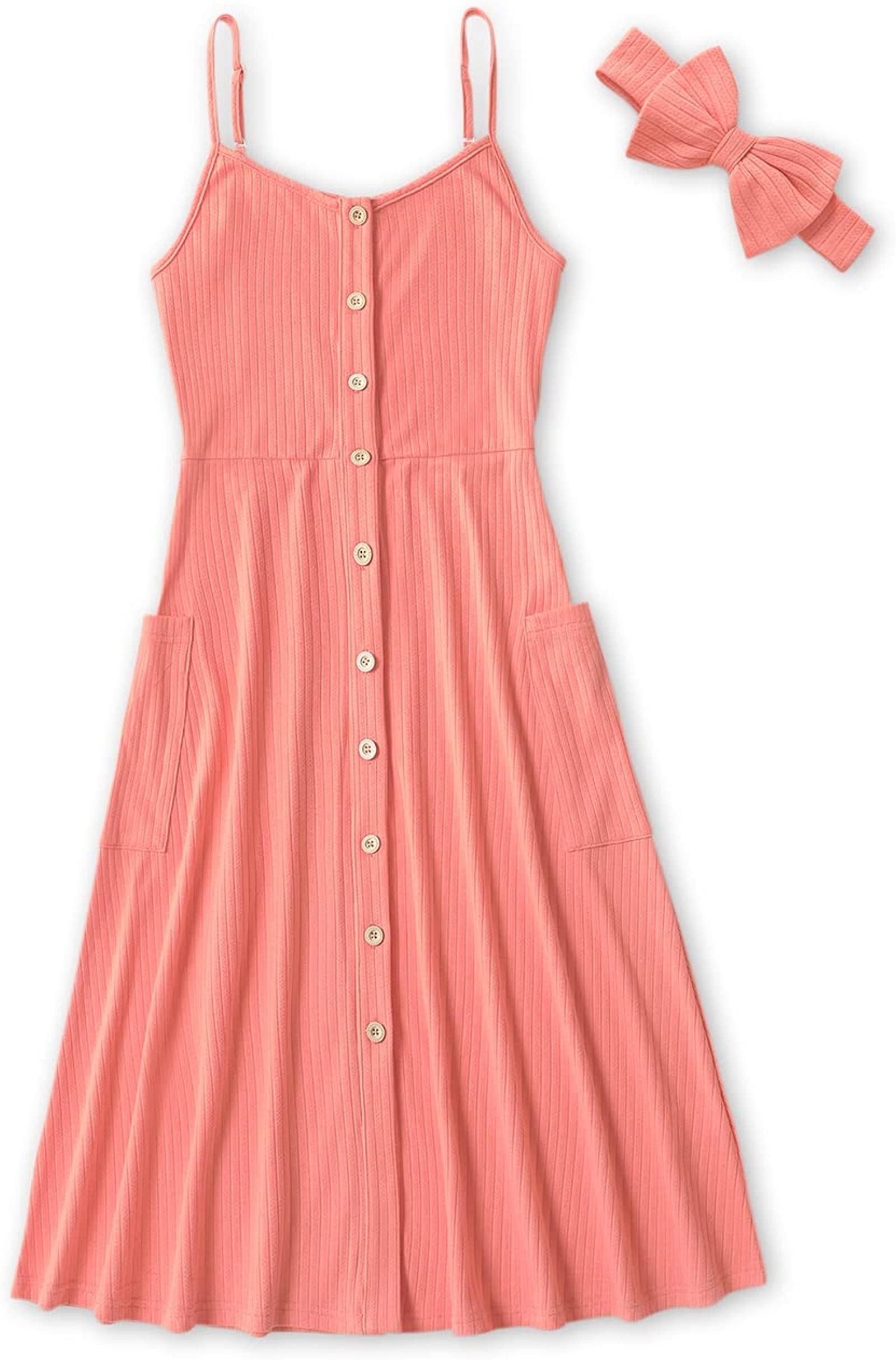 IFFEI Mommy and Me Dresses Matching Set Solid Front Button Family Matching Sleeveless Dresses with Headband and Pockets 3-6M Cora